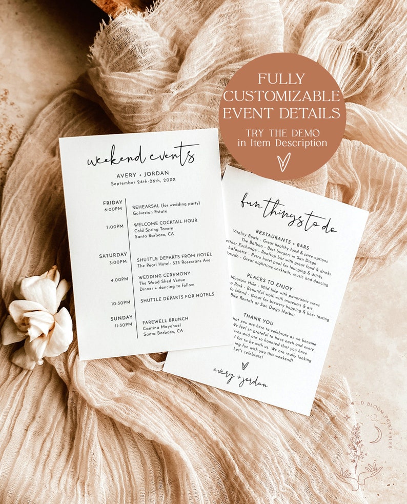 Minimalist Wedding Events Card Modern Weekend Events - Etsy