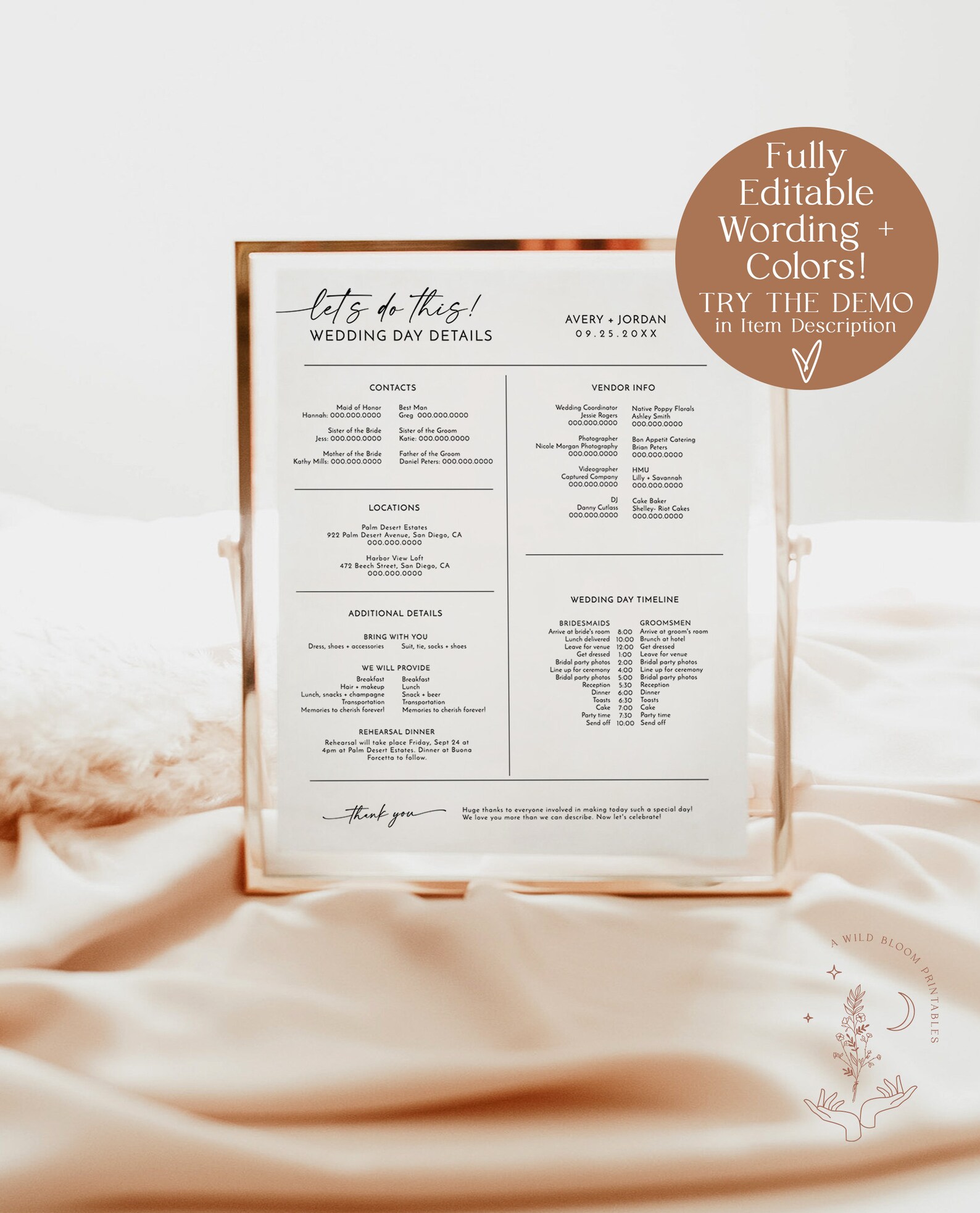 Wedding Day Details Template Wedding Party Timeline - Etsy
