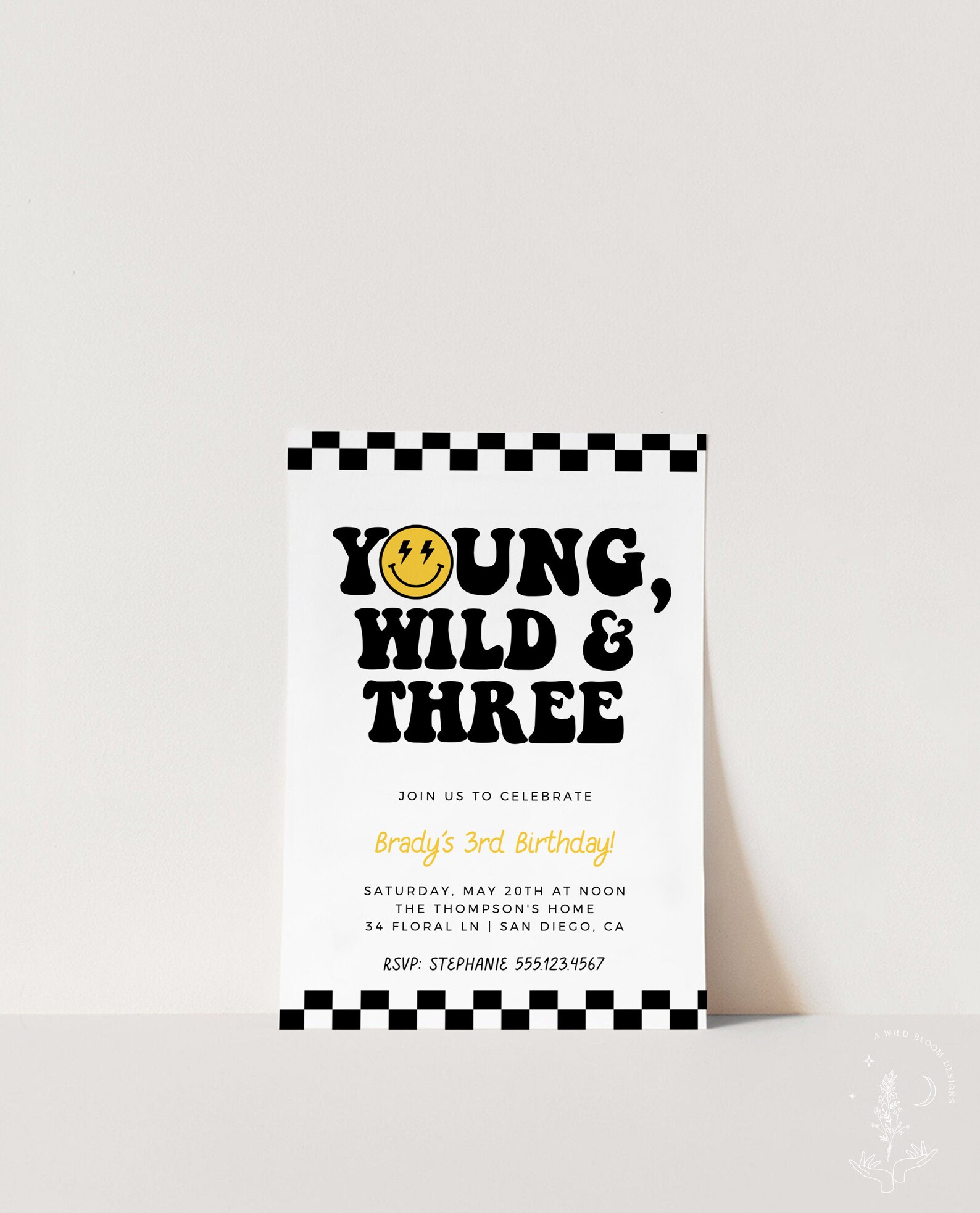 Young Wild and Three Invite Template, Smile Face Birthday, Boy 3rd ...