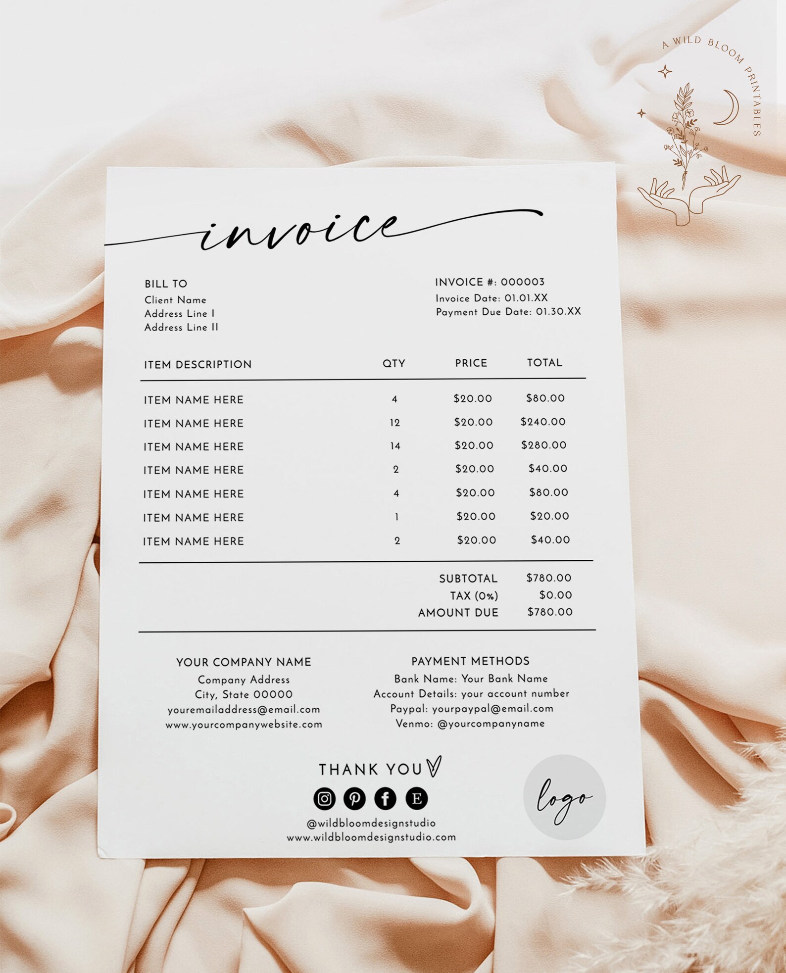 Minimalist Invoice Template Boho Small Business Invoice - Etsy