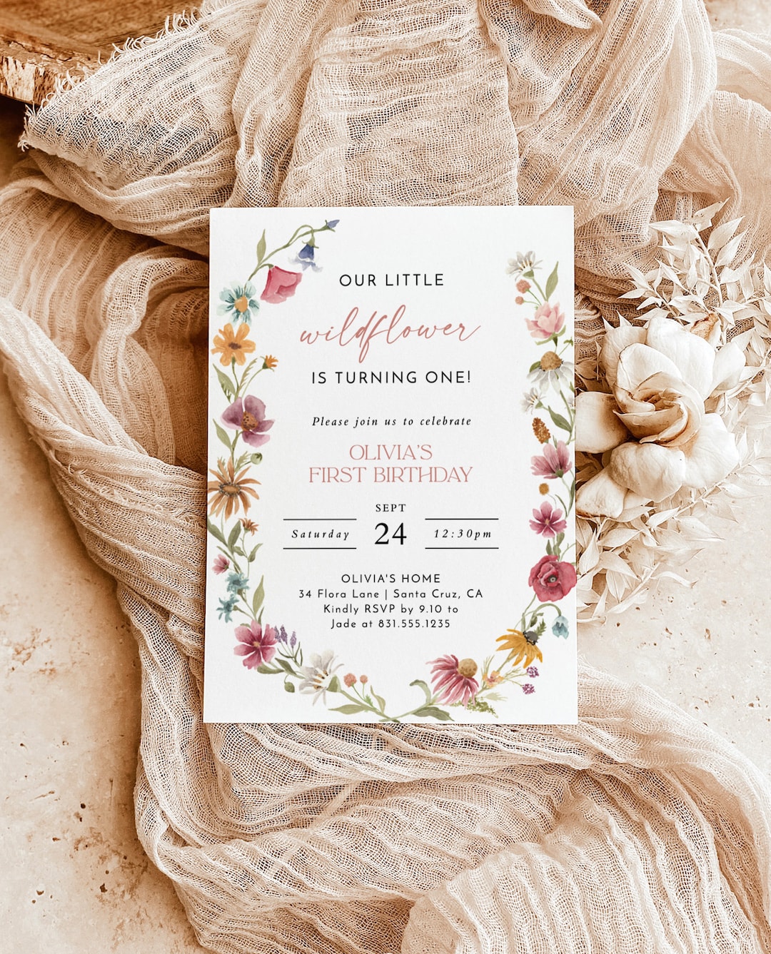 Wildflower Birthday Invitation Template, Boho First Birthday Party ...