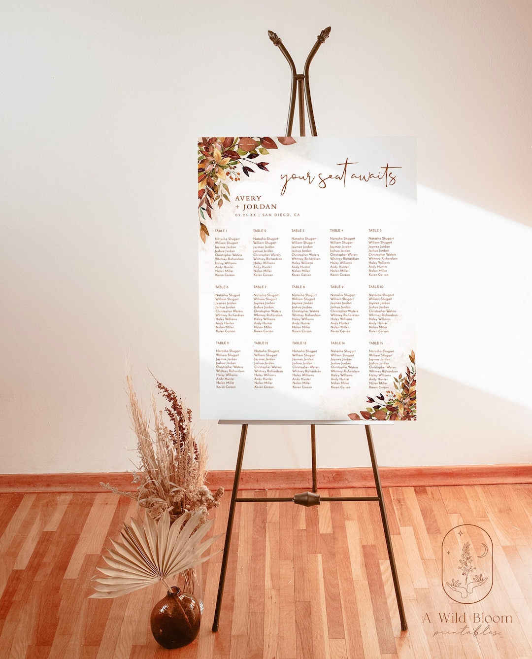 Fall Wedding Seating Chart, Burnt Orange Seating Chart, Autumn Seating ...