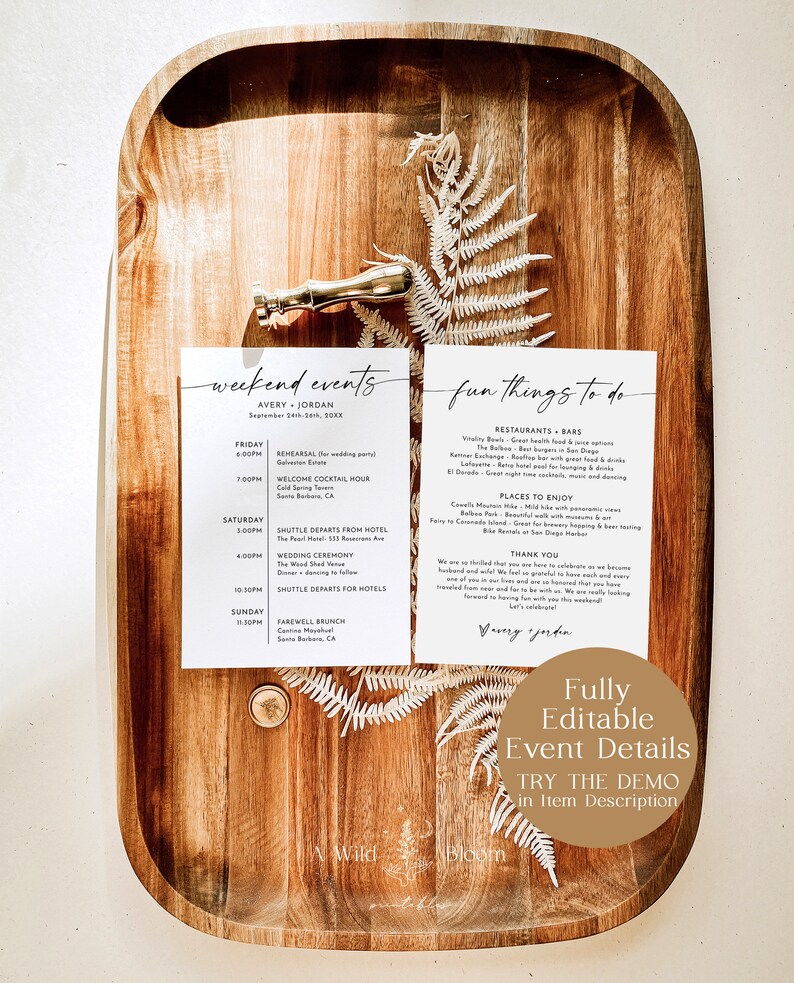 Minimalist Wedding Events Card Modern Weekend Events - Etsy