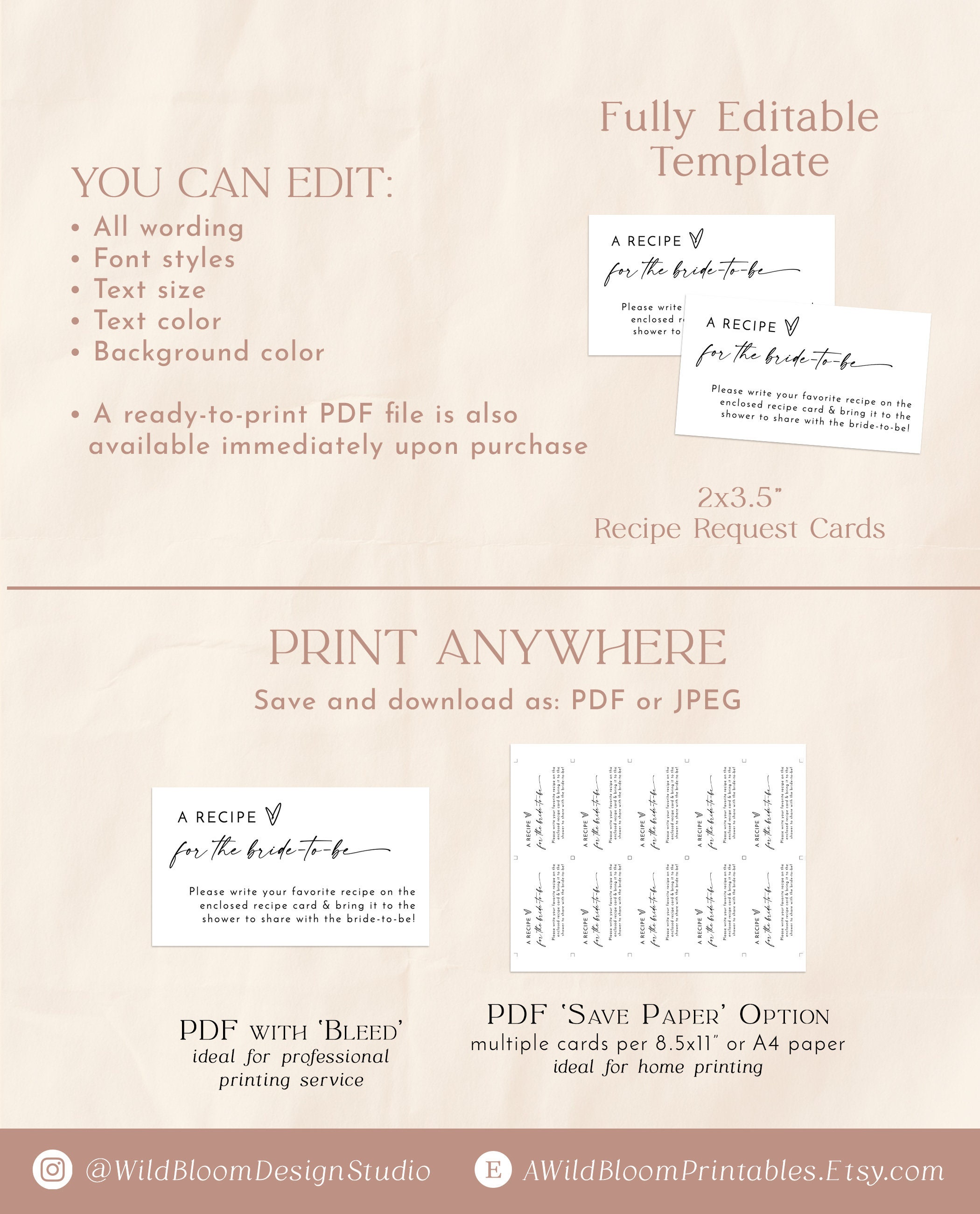 Minimalist Recipe Request Card Template Bridal Shower Recipe - Etsy