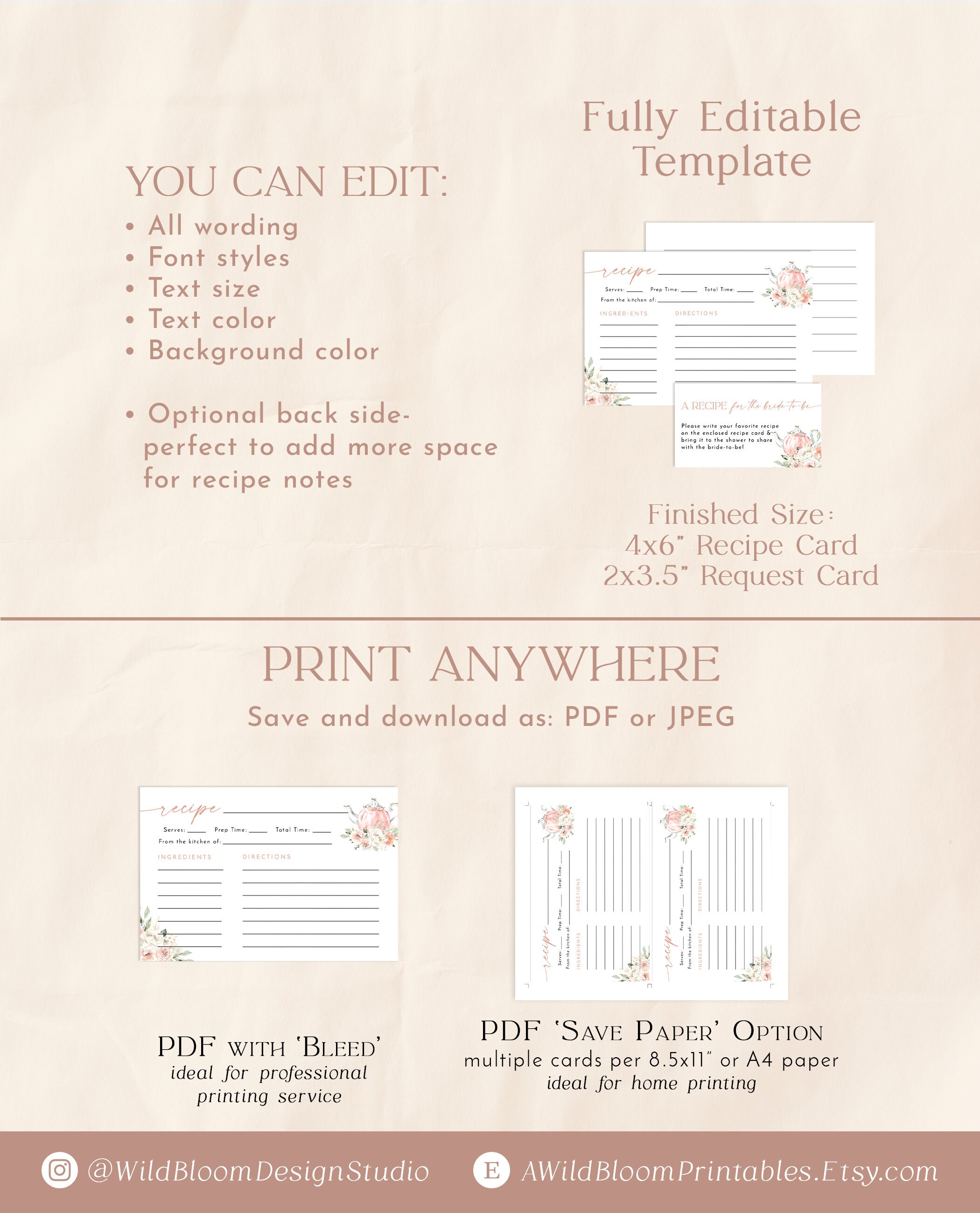 Boho Recipe Card Template Tea Party Bridal Shower Recipe | Etsy