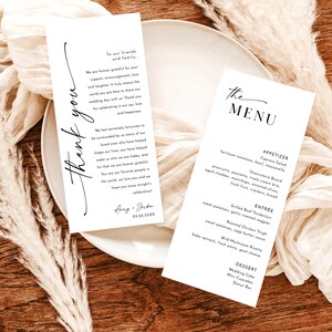 Menu and Thank You Letter, Wedding, Napkin Note, Modern Minimalist ...