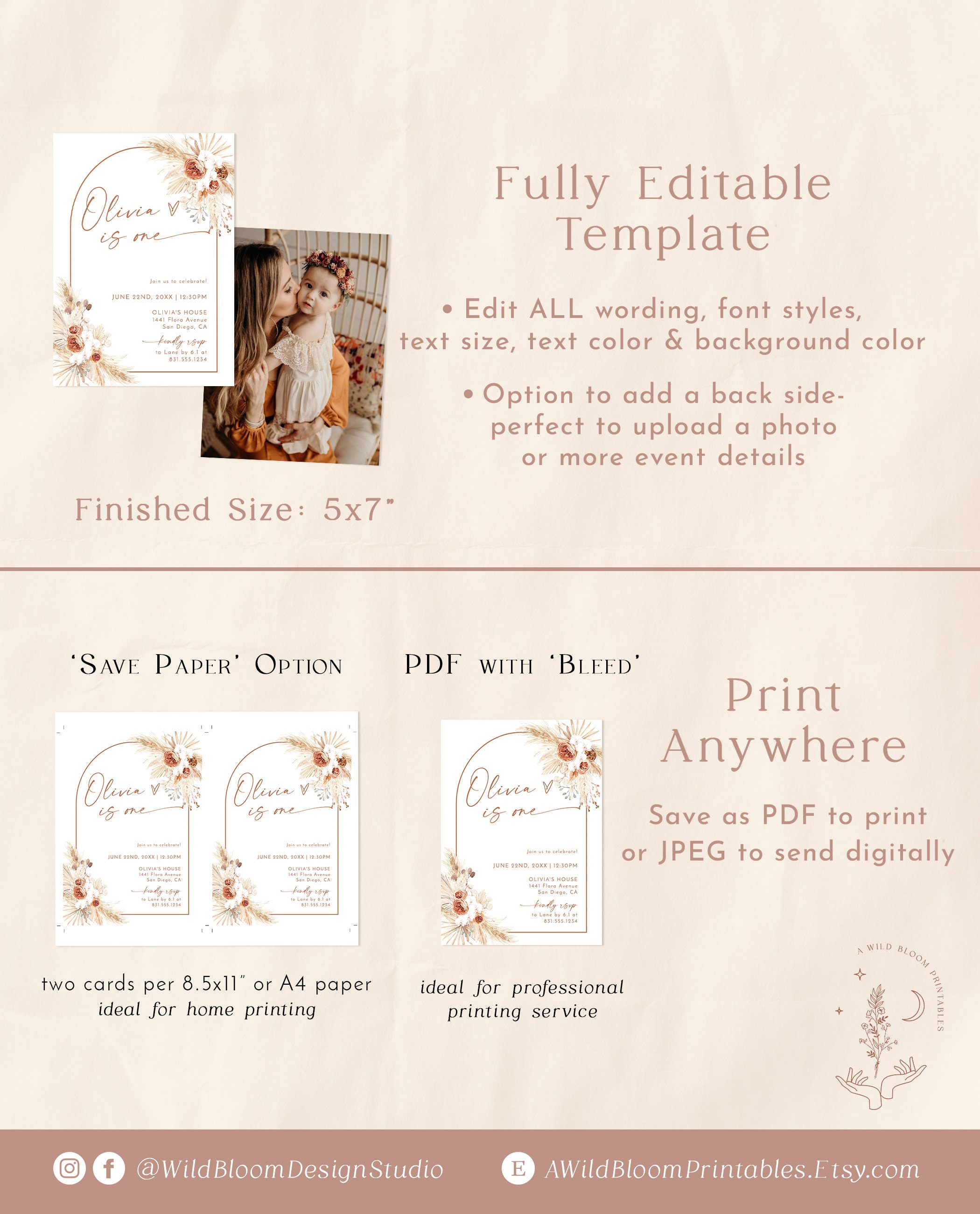 Boho Birthday Party Invitation First Birthday Party Invite - Etsy