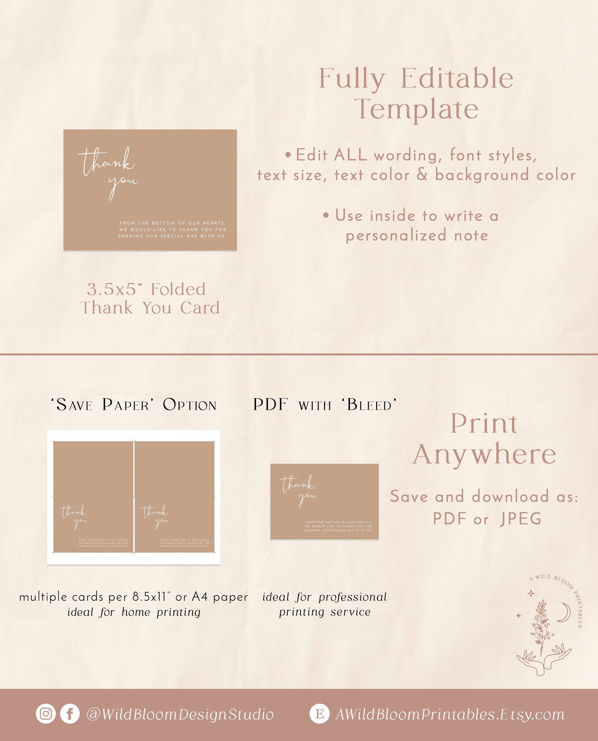 Modern Tan Thank You Card Template Editable Thank You Card | Etsy