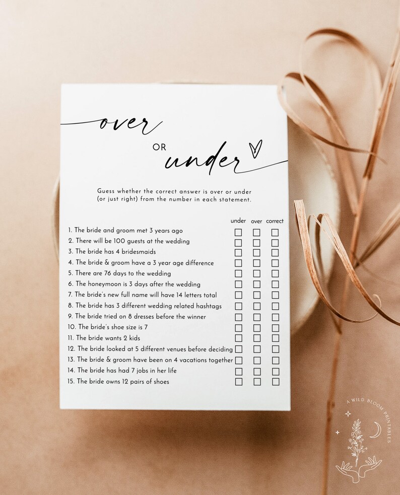 Over or Under Bridal Shower Game, Modern Bridal Shower, Minimalist ...