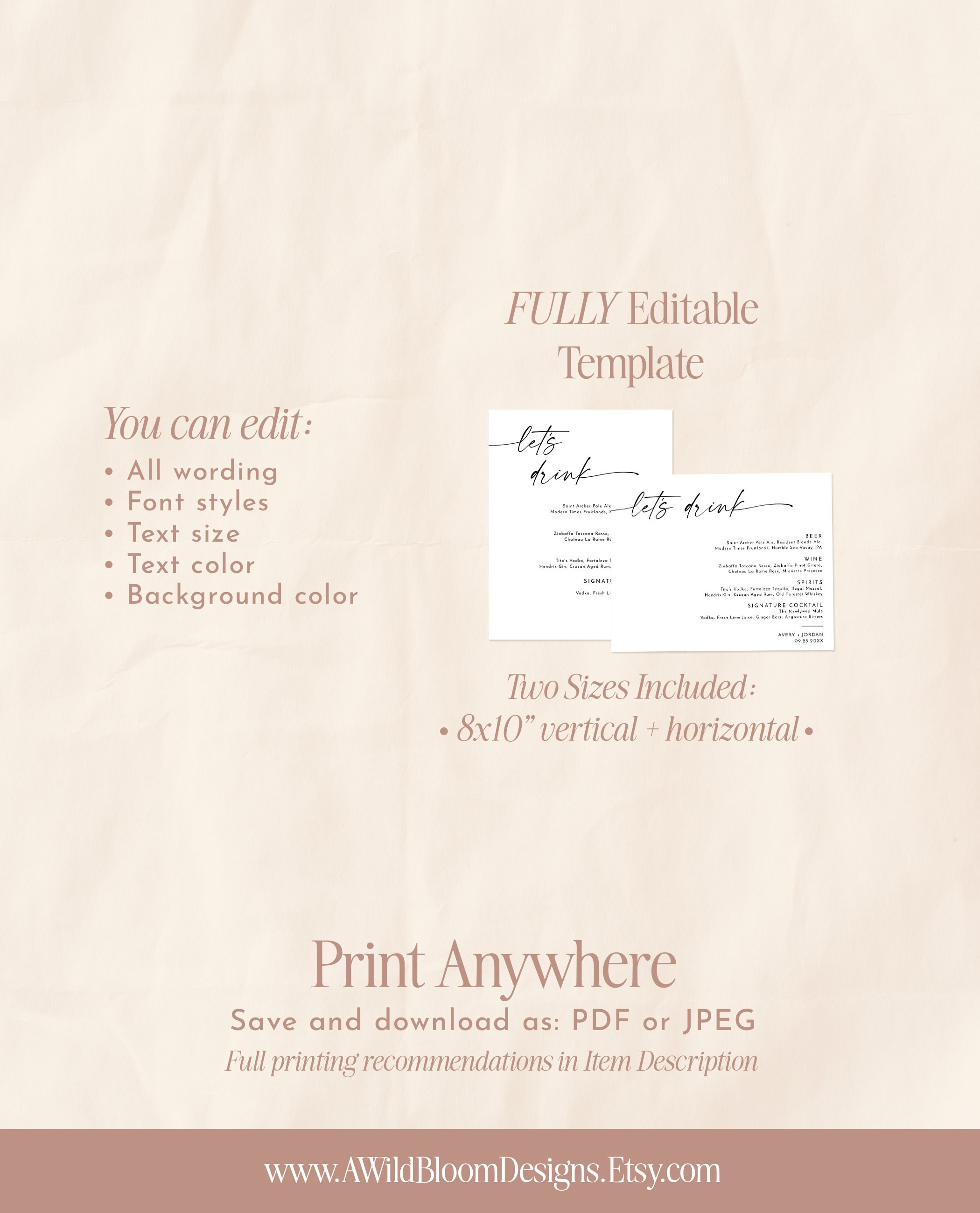 Minimalist Bar Menu Template, Wedding Drink Sign, Modern, Bohemian Let ...
