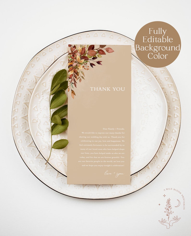 Fall Wedding Thank You Letter, Napkin Note, Place Cards, Rustic ...