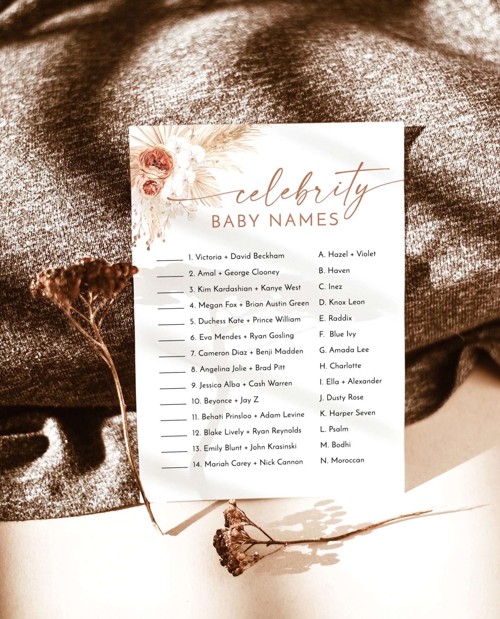 Celebrity Baby Names Game Pampas Grass Baby Shower Game - Etsy