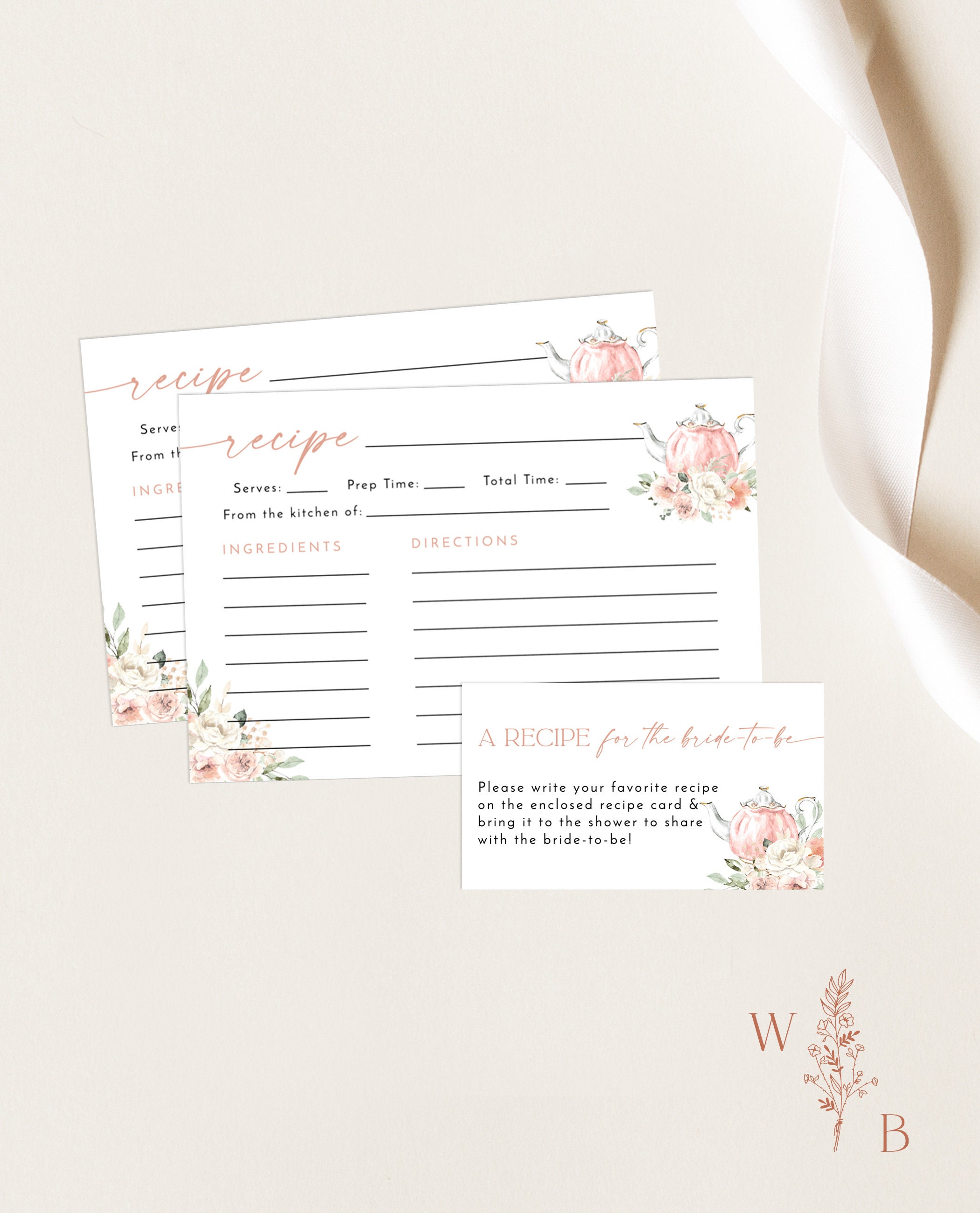 Boho Recipe Card Template Tea Party Bridal Shower Recipe | Etsy