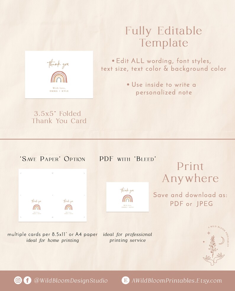 Rainbow Thank You Cards Template Editable Thank You Card - Etsy