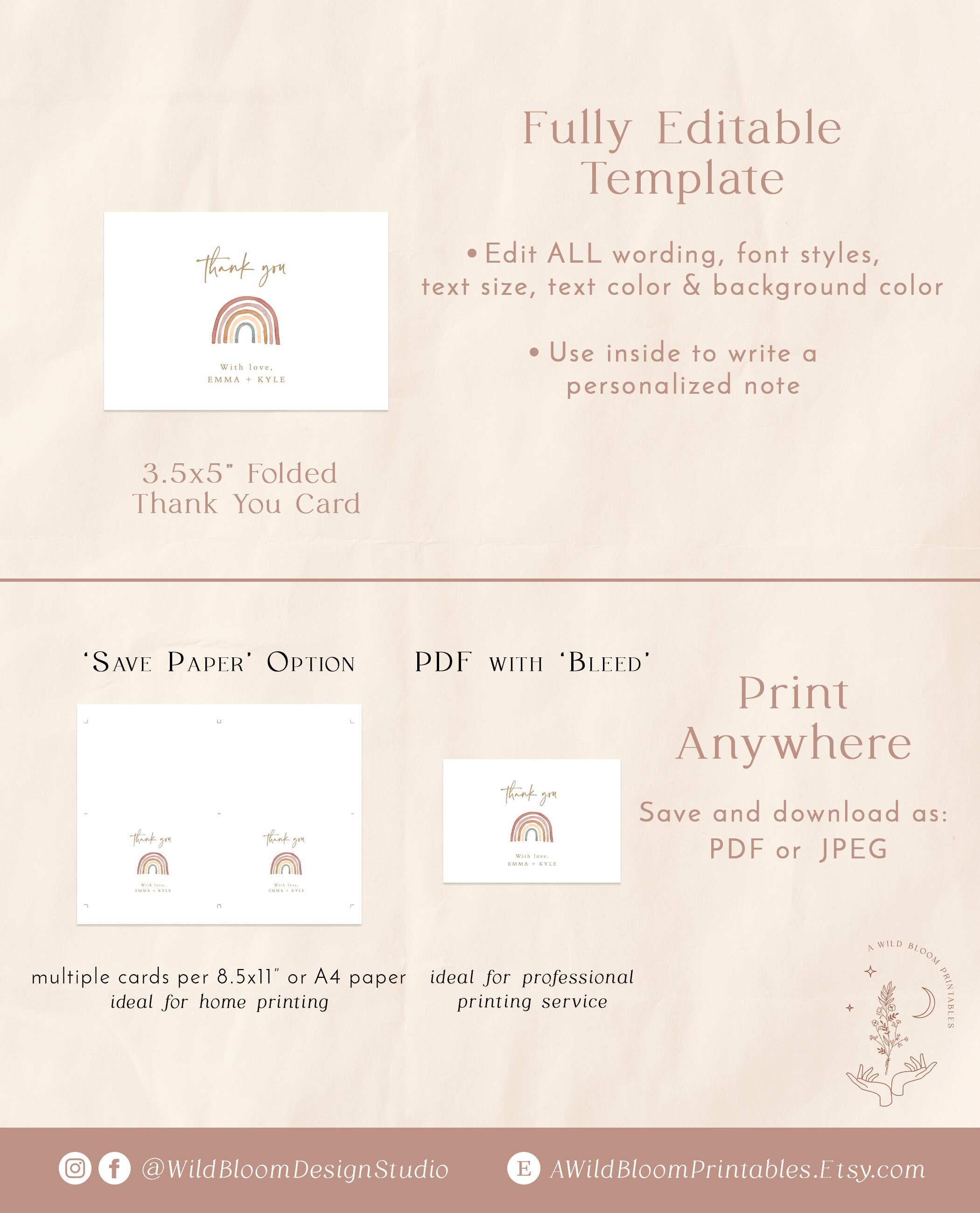 Rainbow Thank You Cards Template Editable Thank You Card - Etsy