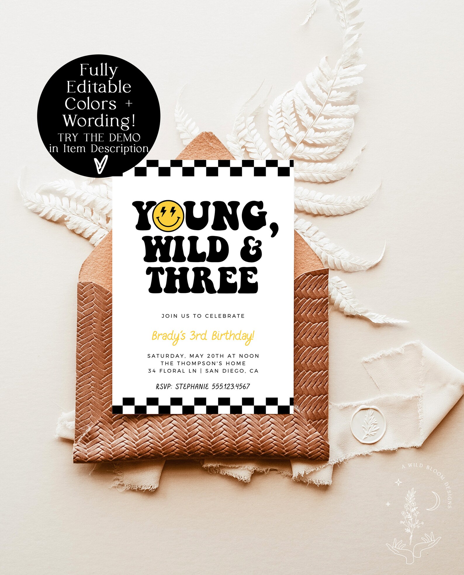 Young Wild and Three Invite Template, Smile Face Birthday, Boy 3rd ...