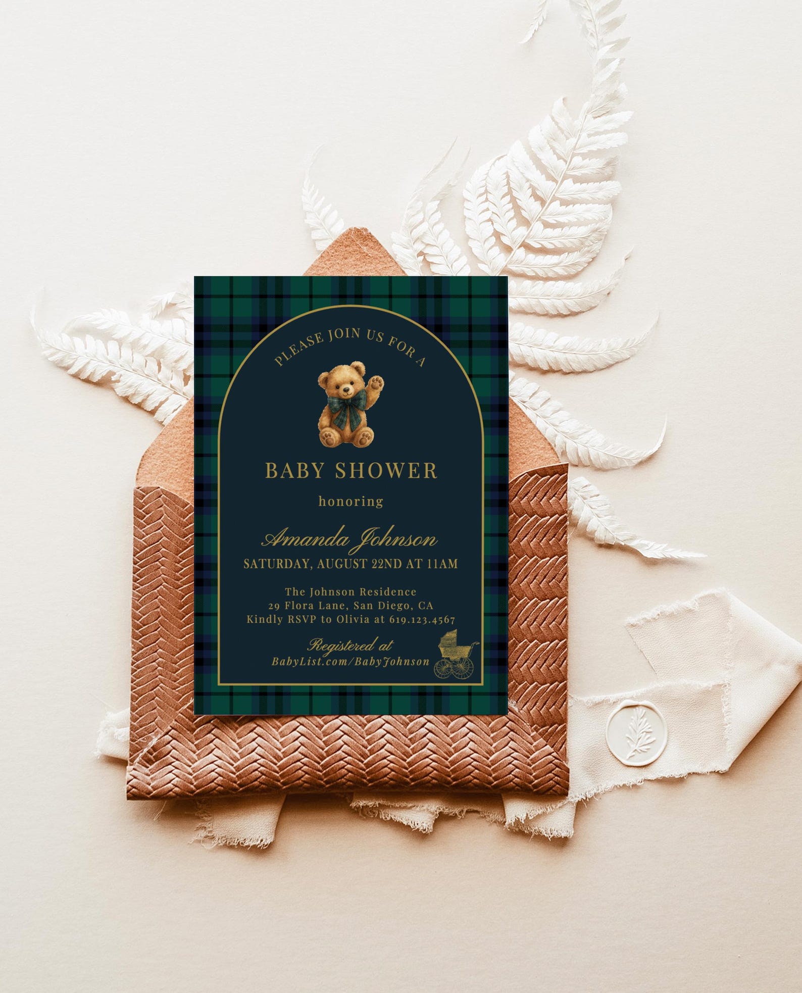 Classic Plaid Baby Shower Invitation, Bear Dark Green Blue Invites ...