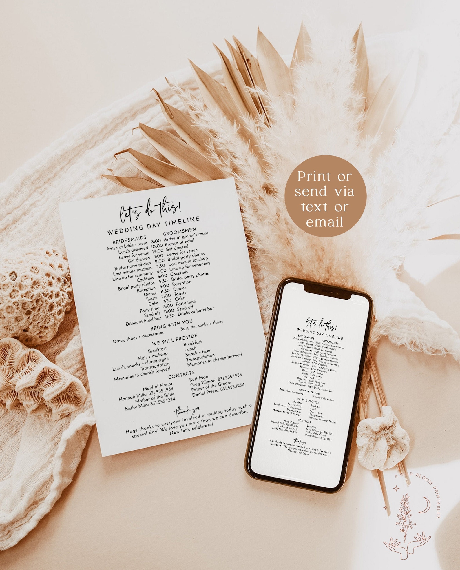Wedding Party Timeline, Printable Wedding Day Schedule, Bridal Party ...