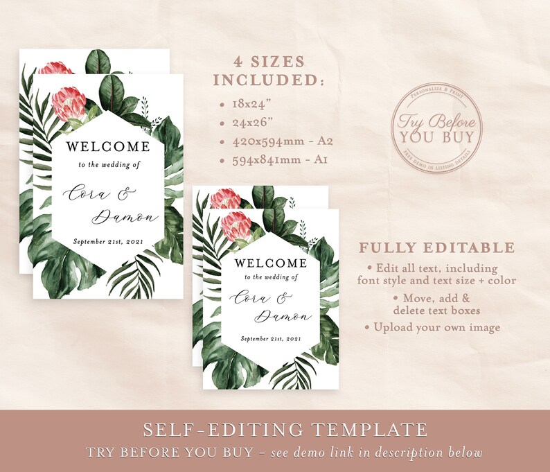 Tropical Wedding Welcome Sign Template Modern Tropical | Etsy