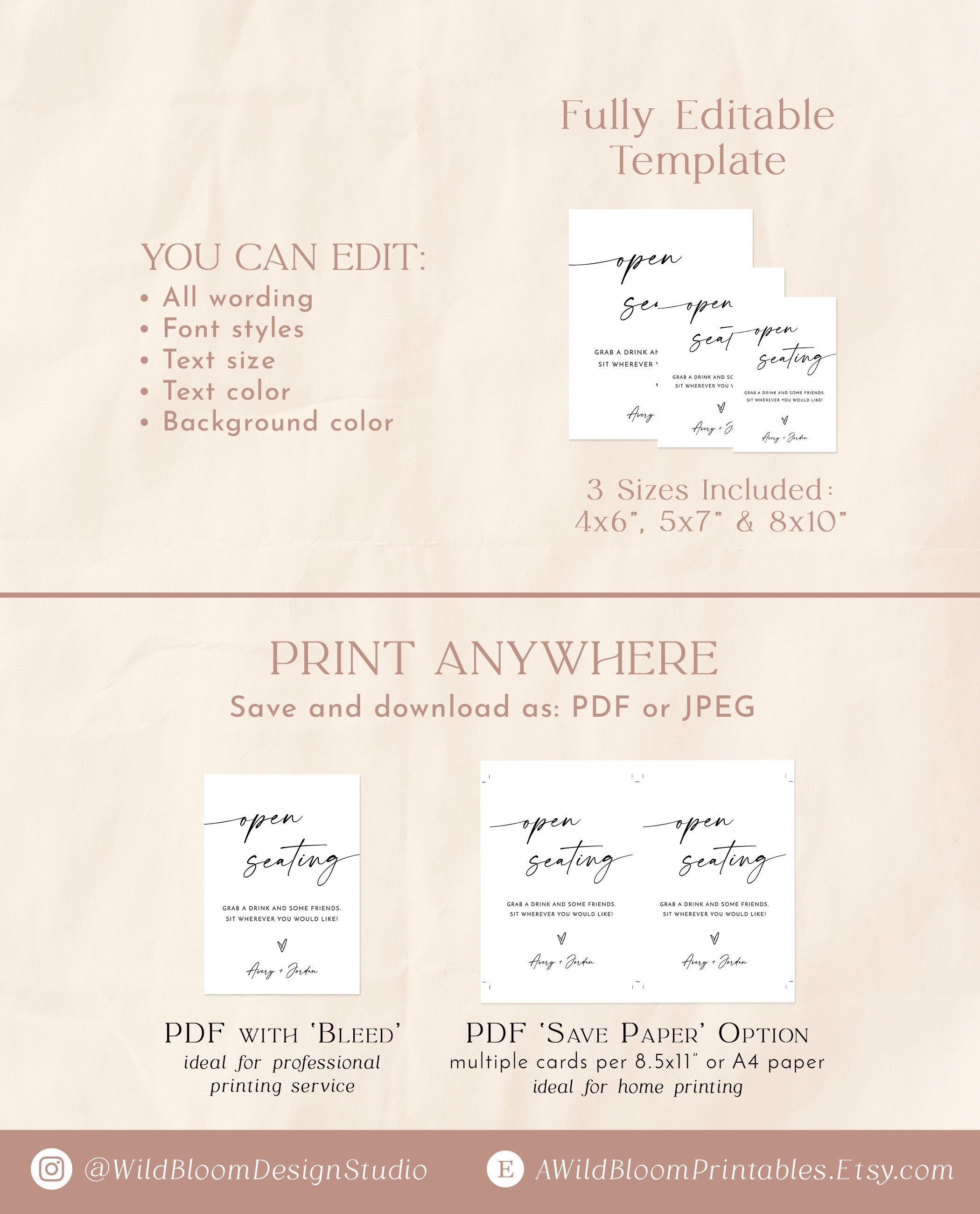 Open Seating Sign Template Minimalist Wedding Signs Modern - Etsy