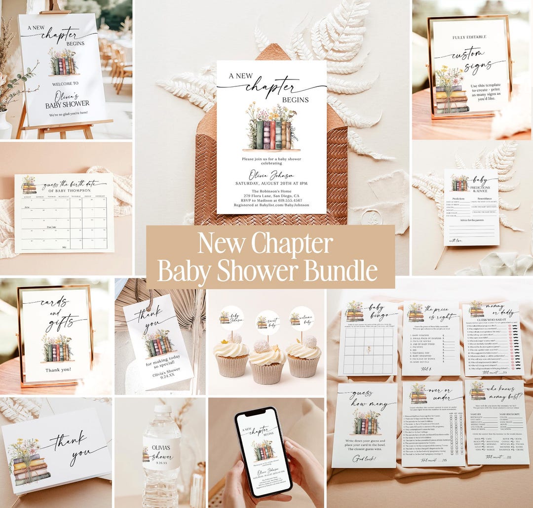 A New Chapter Baby Shower Invitation Bundle, Neutral Storybook Baby ...