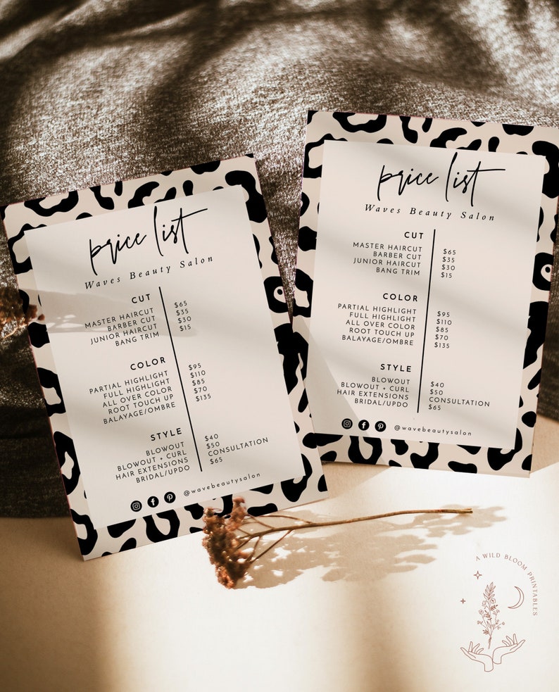 Leopard Print Price List Template, Boho Small Business, Beauty Price ...