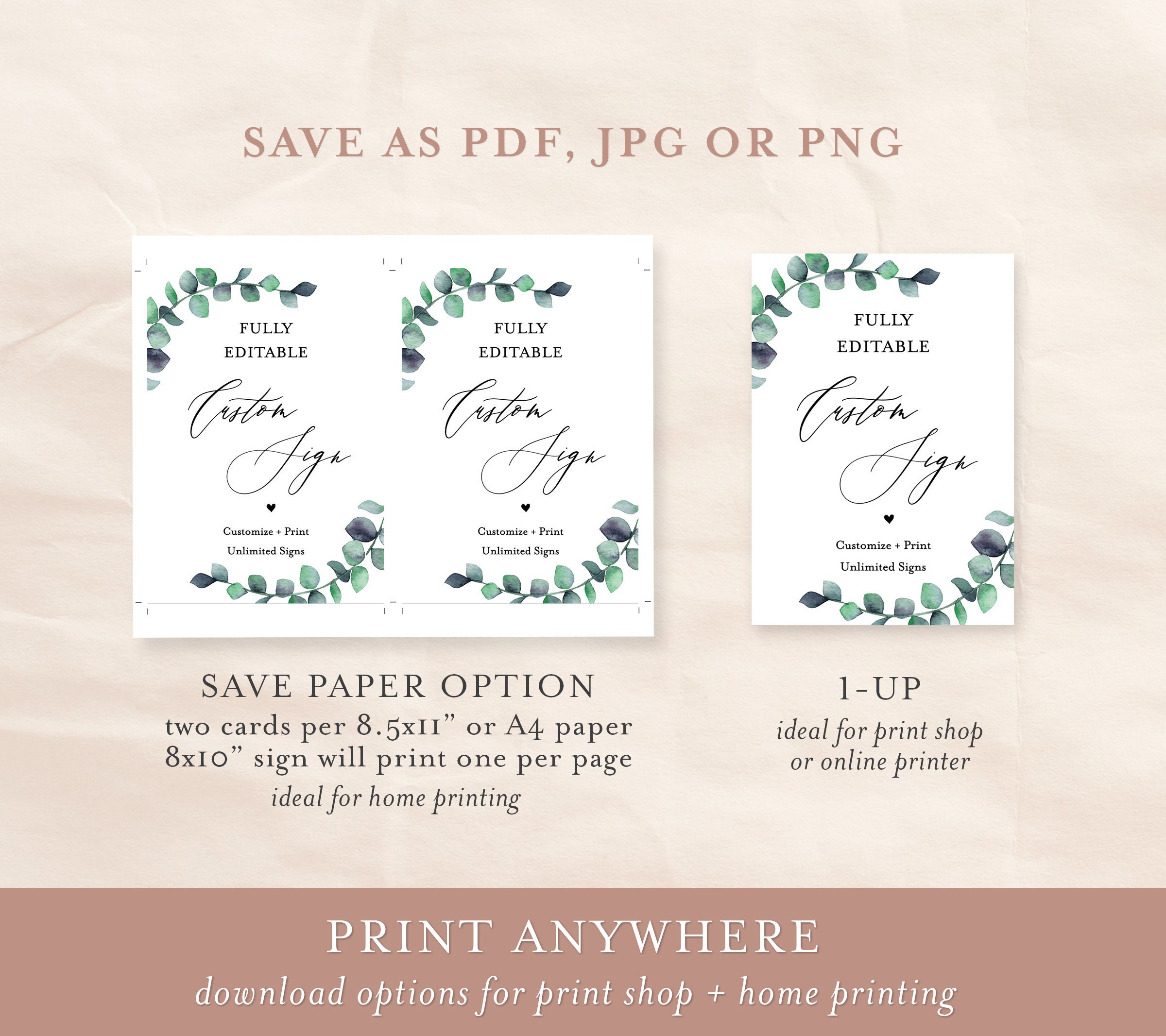 Editable Eucalyptus Sign Template Greenery Watercolor - Etsy