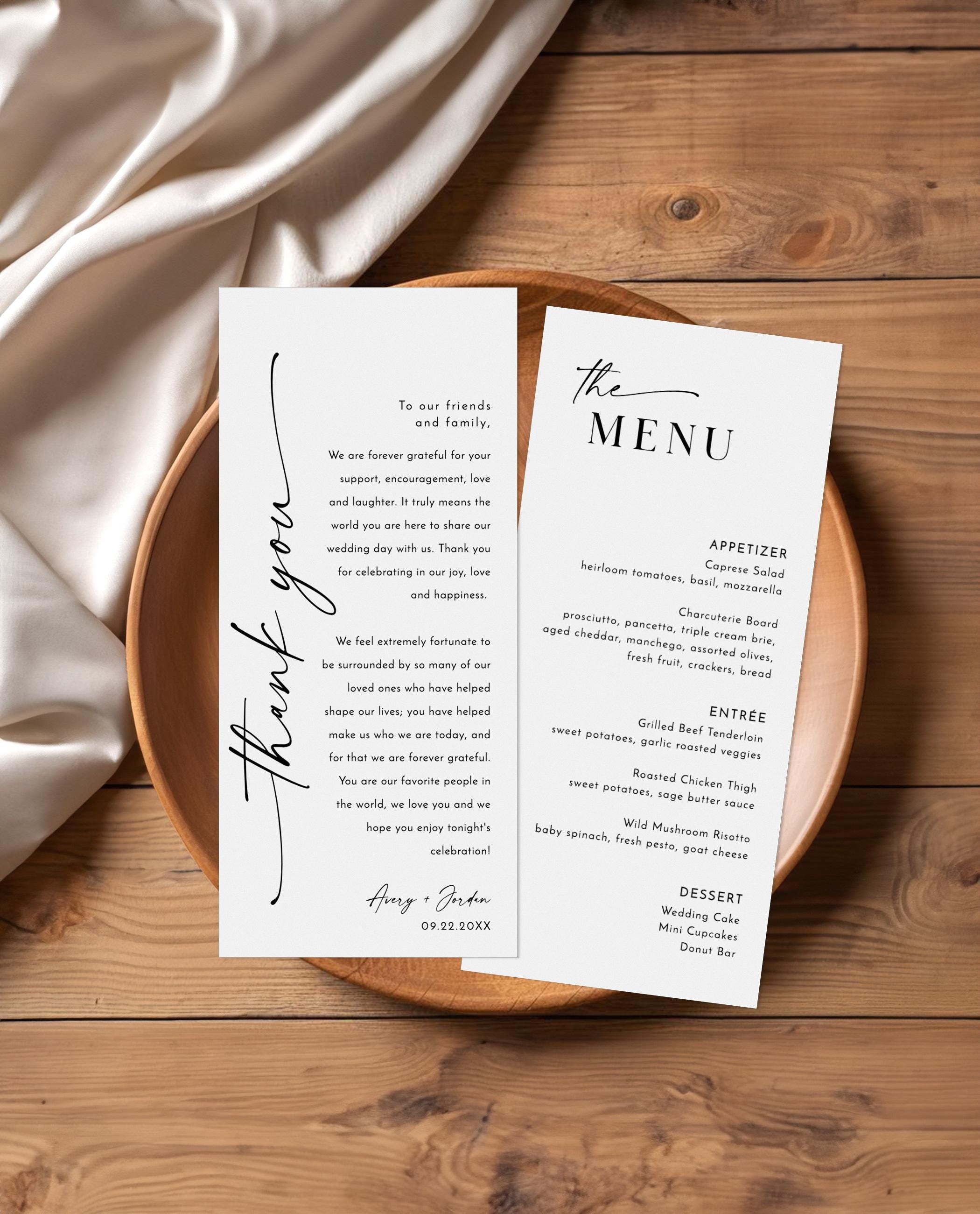 Menu and Thank You Letter, Wedding, Napkin Note, Modern Minimalist ...