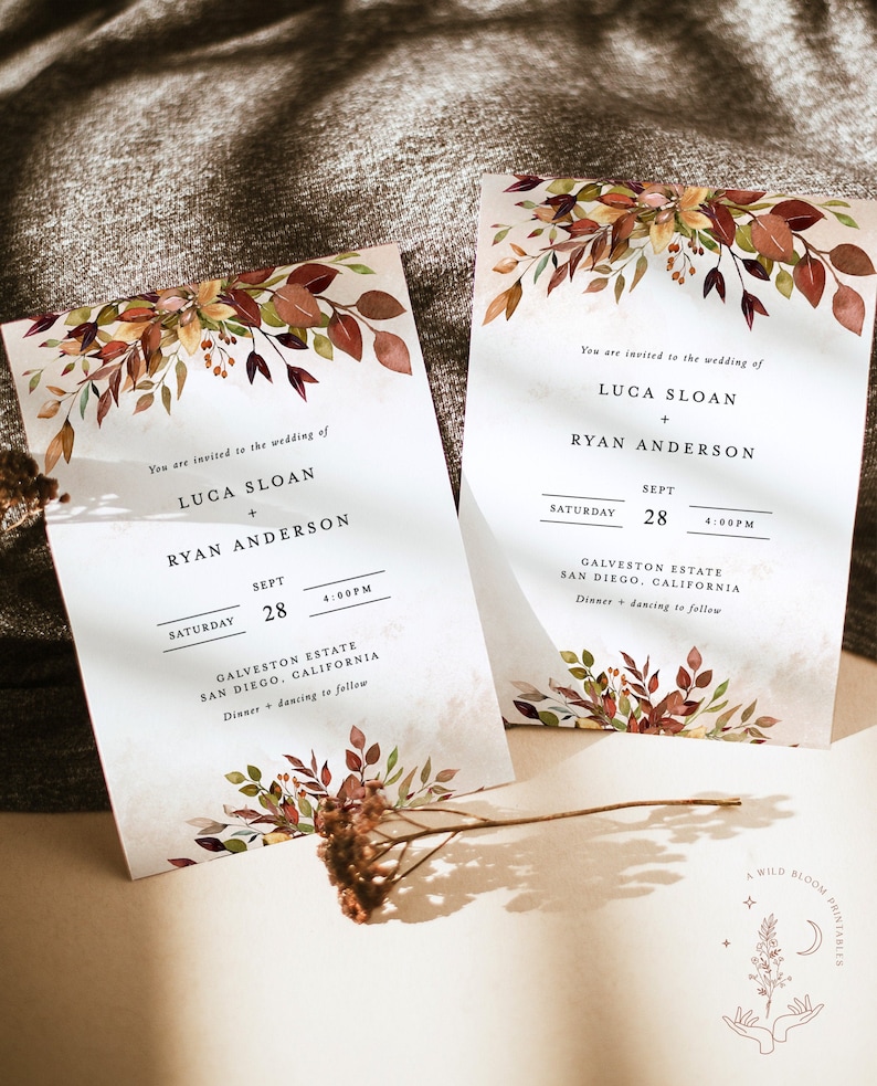 Rustic Fall Wedding Invitation Template, Autumn Wedding Invite, Burnt ...