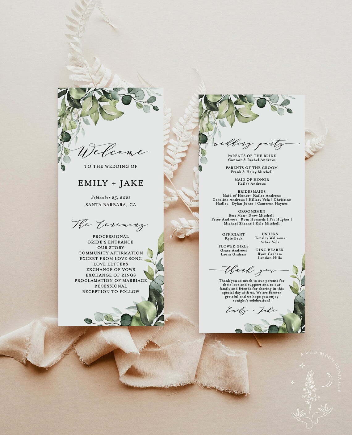 Wedding Program Editable Template Greenery Watercolor - Etsy