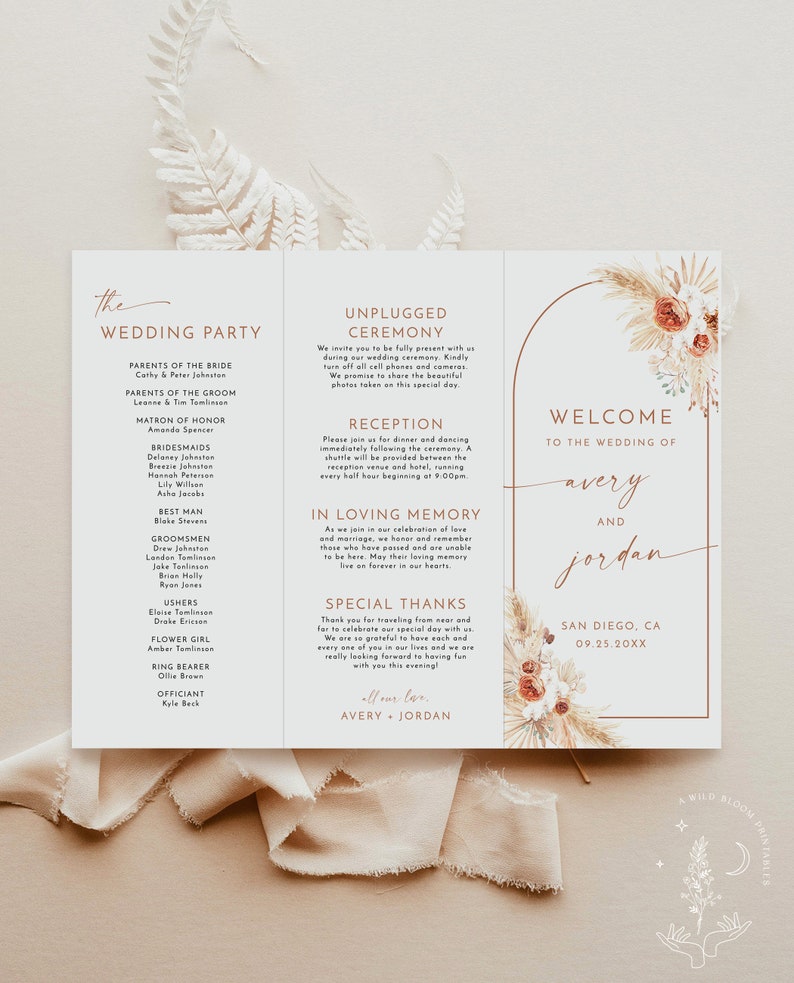 Trifold Wedding Program Template Boho Wedding Tri-fold - Etsy