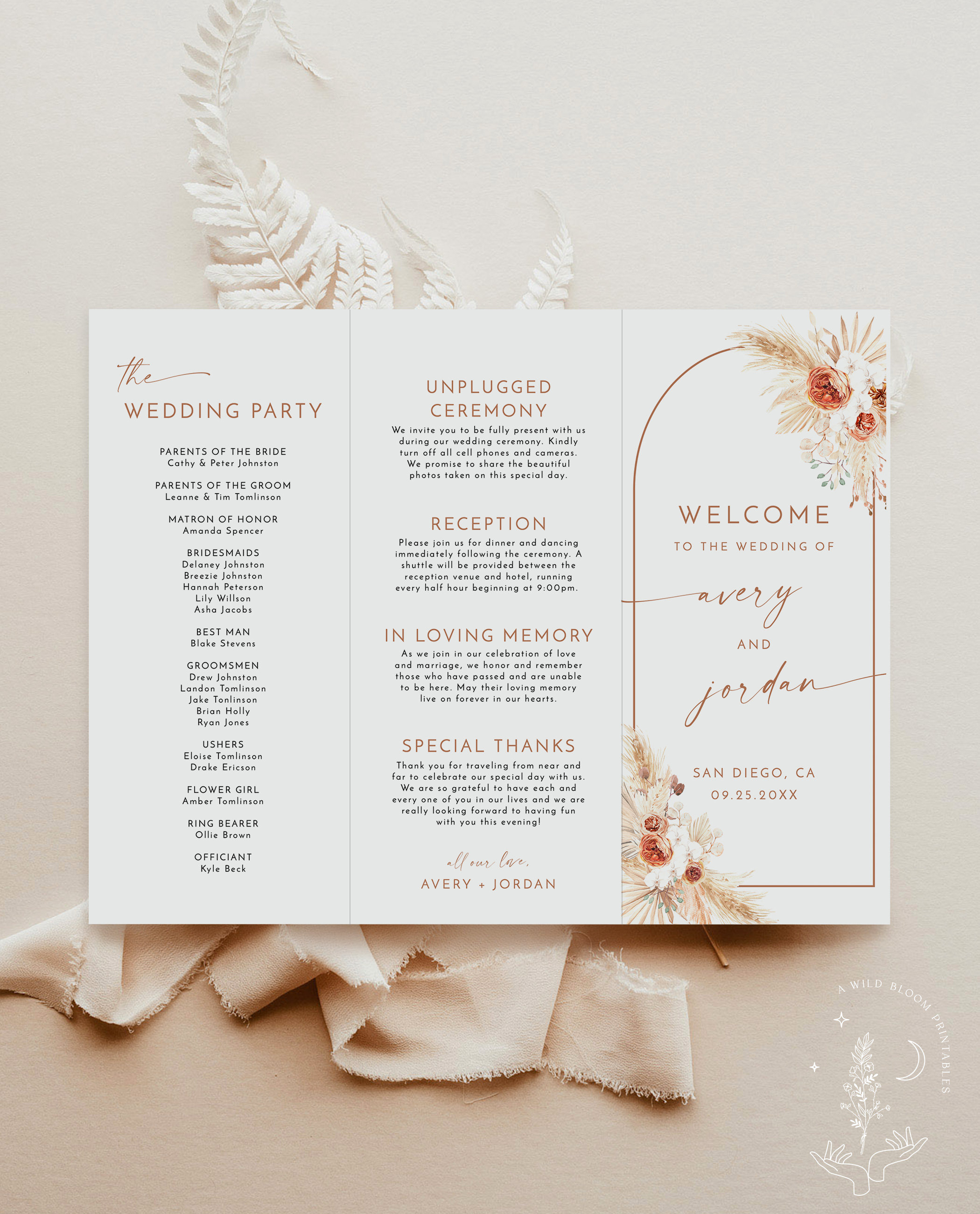 Trifold Wedding Program Template Boho Wedding Tri-fold - Etsy