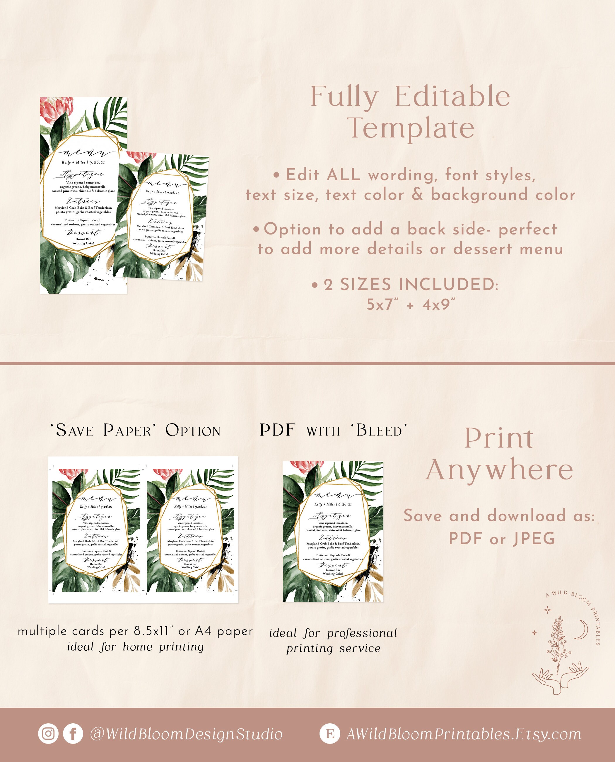 Tropical Wedding Menu Template Palm Leaf Menu Card - Etsy