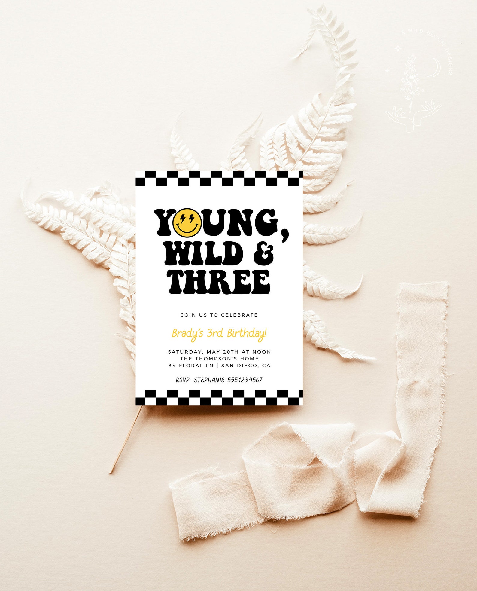 Young Wild and Three Invite Template, Smile Face Birthday, Boy 3rd ...