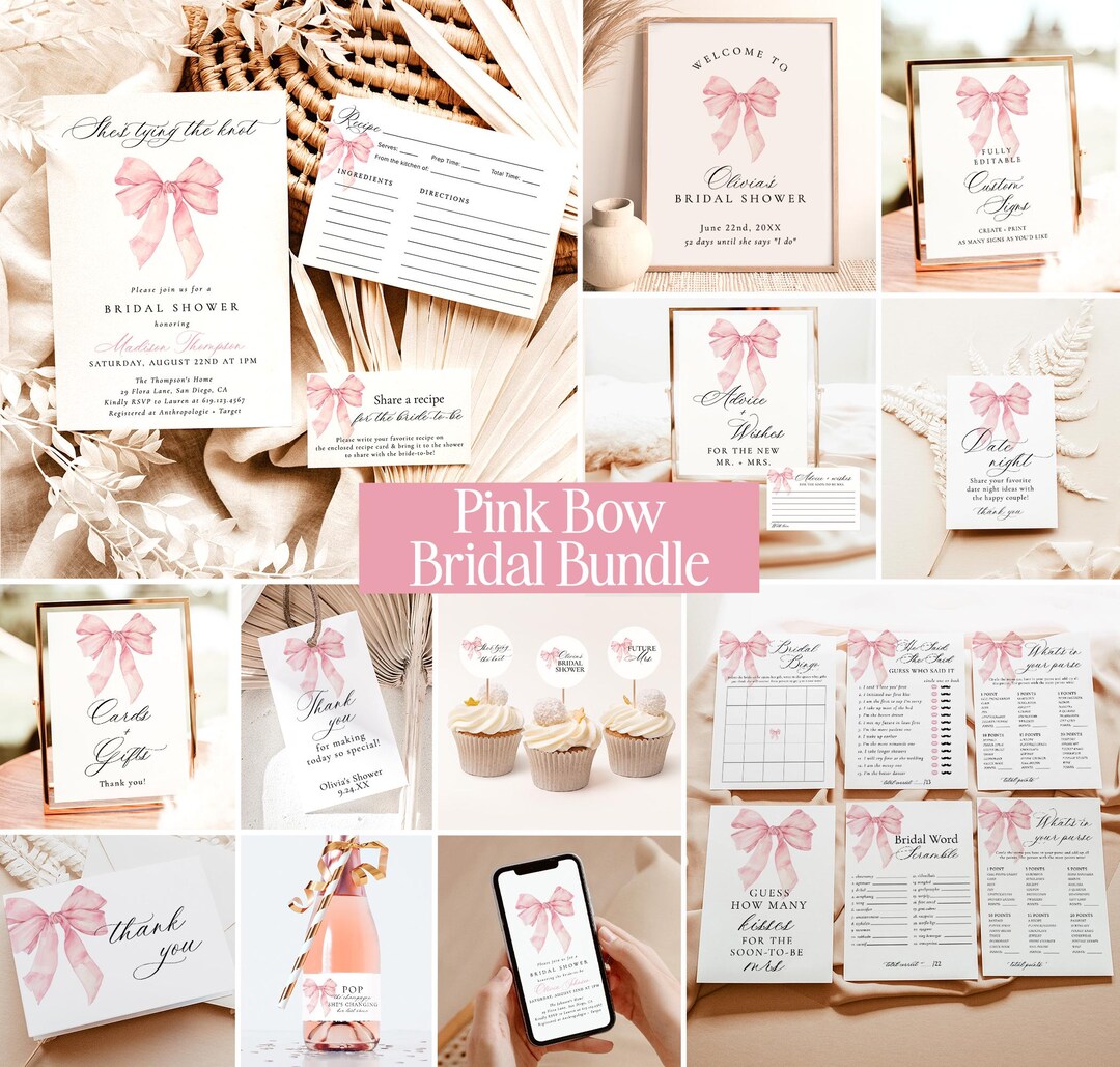 She's Tying the Knot Bridal Shower Bundle, Bow Bridal Shower Invite Bundle, Minimalist Pink Bow ...