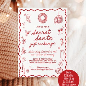 Secret Santa Invitation Template, Christmas Gift Exchange, Hand Drawn ...