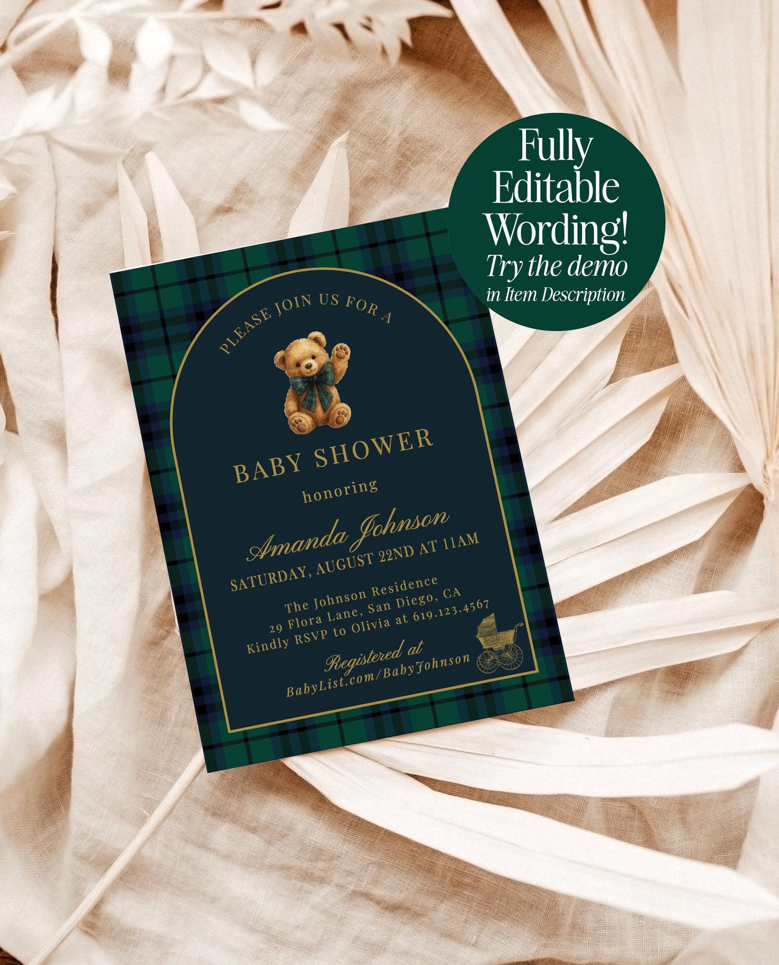 Classic Plaid Baby Shower Invitation, Bear Dark Green Blue Invites ...