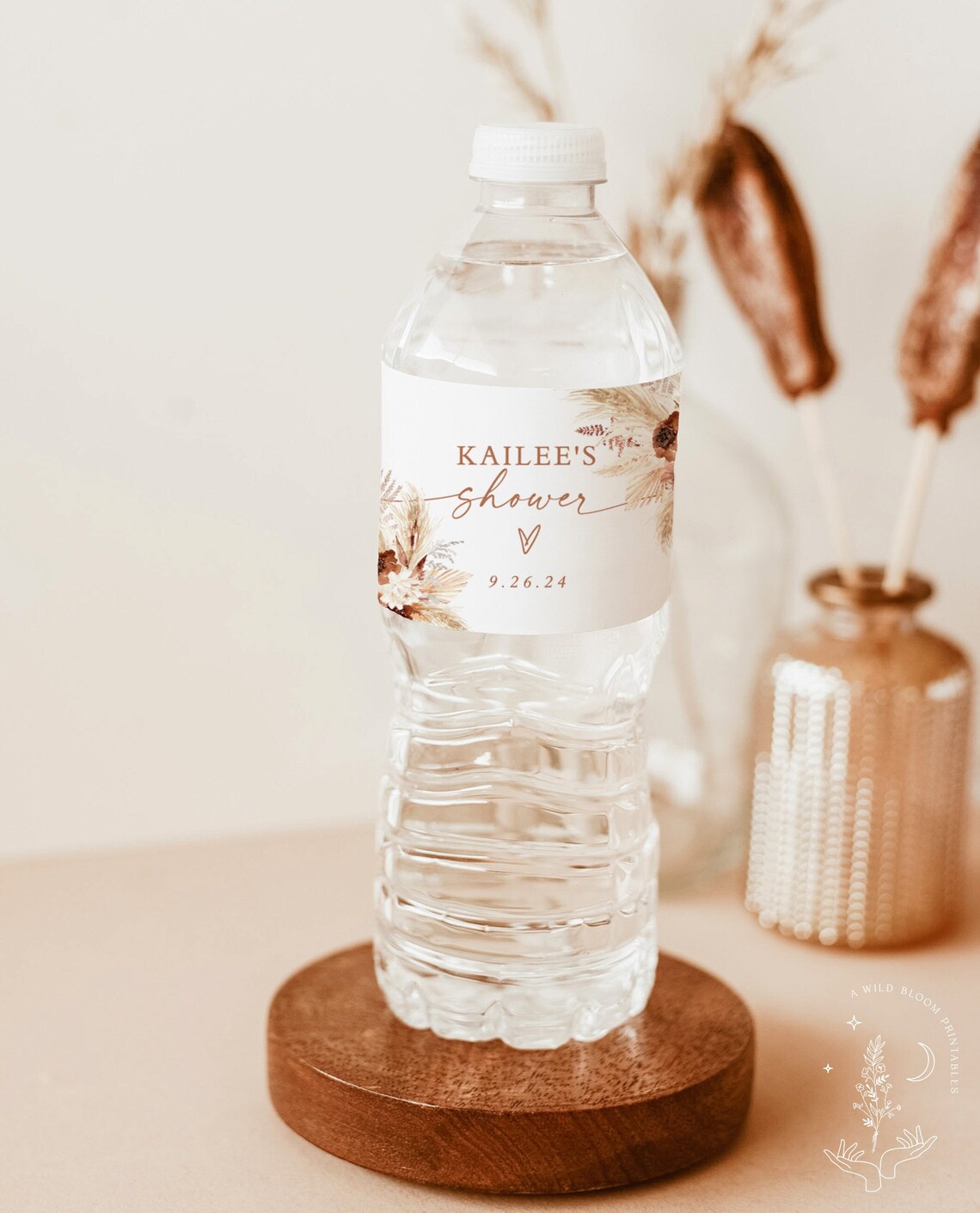Boho Water Bottle Label, Pampas Grass Water Bottle Label, Boho Baby ...