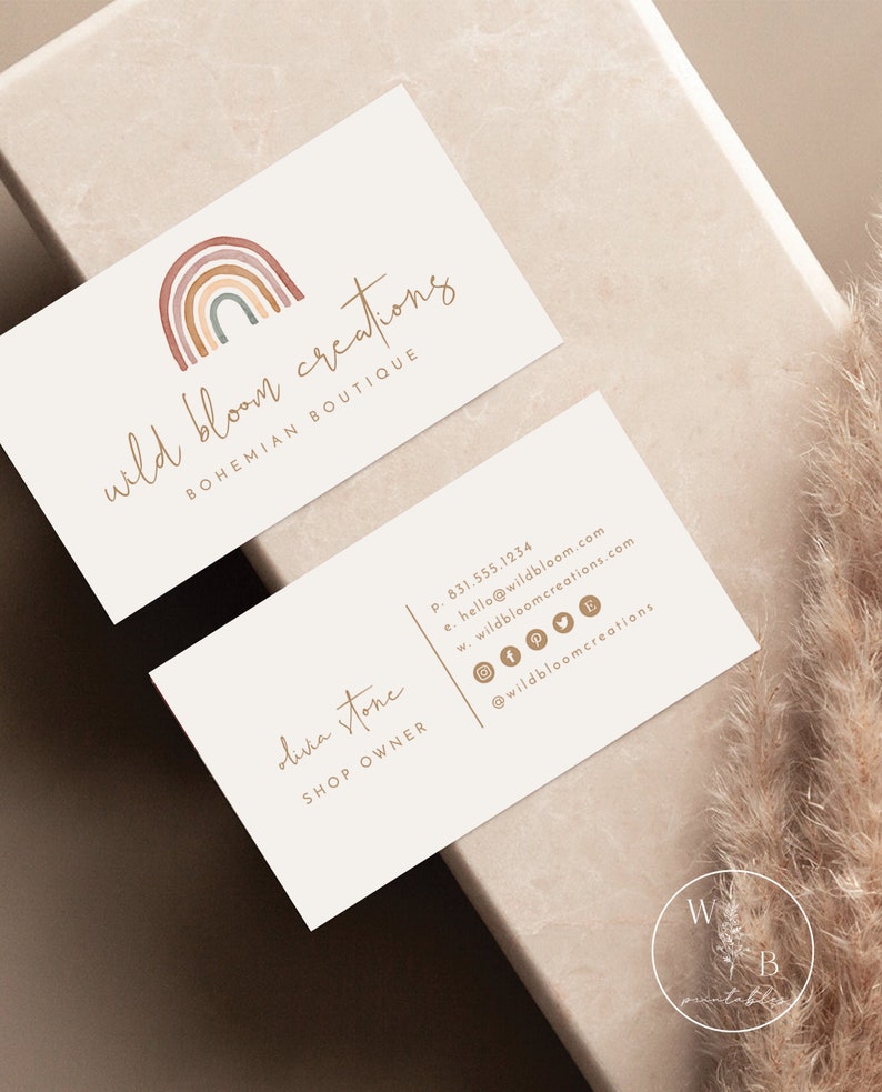 Rainbow Business Card Template, Boho Rainbow Watercolor, Editable ...