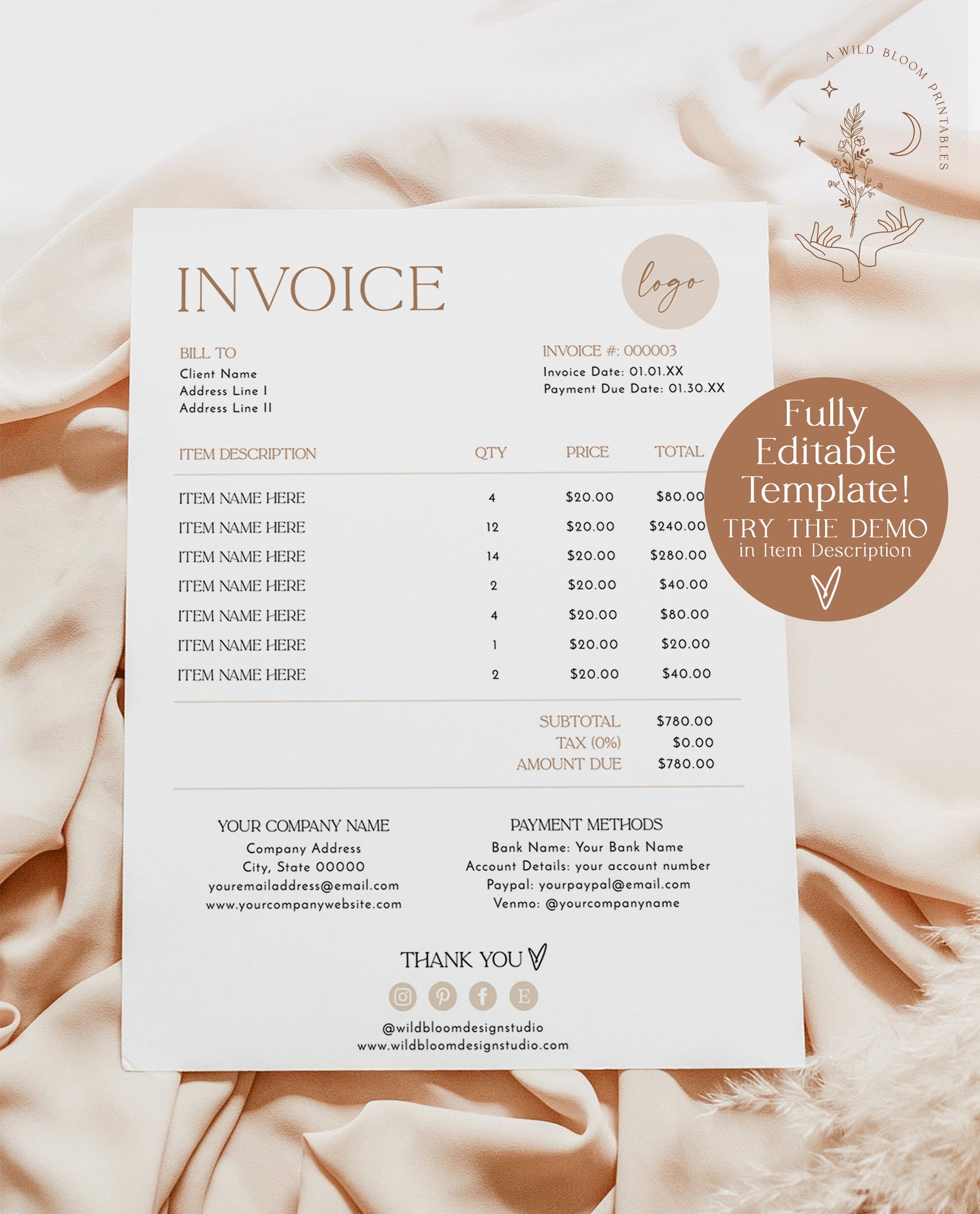Minimalist Invoice Template, Boho Small Business, Modern Client Invoice ...