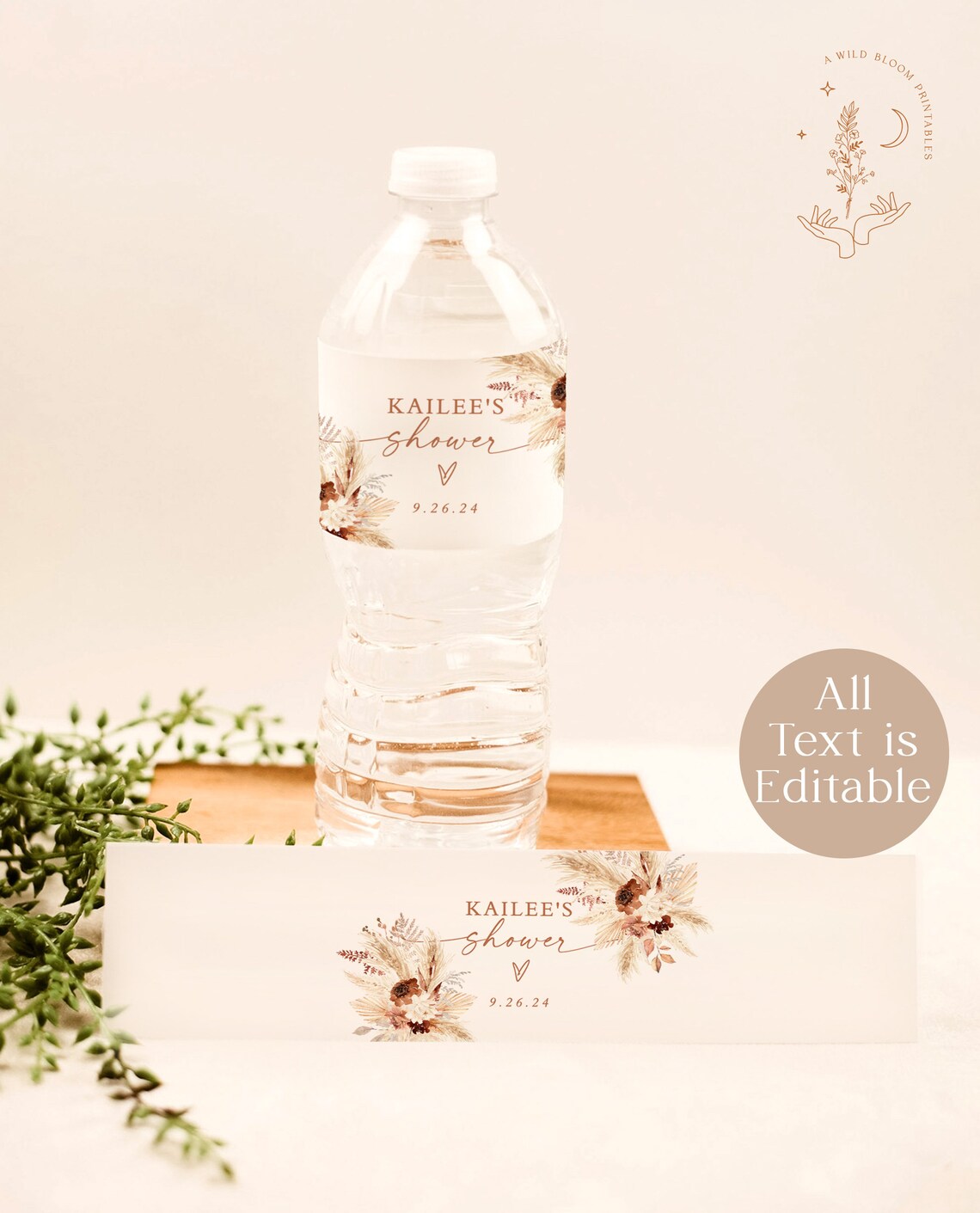 Boho Water Bottle Label, Pampas Grass Water Bottle Label, Boho Baby ...