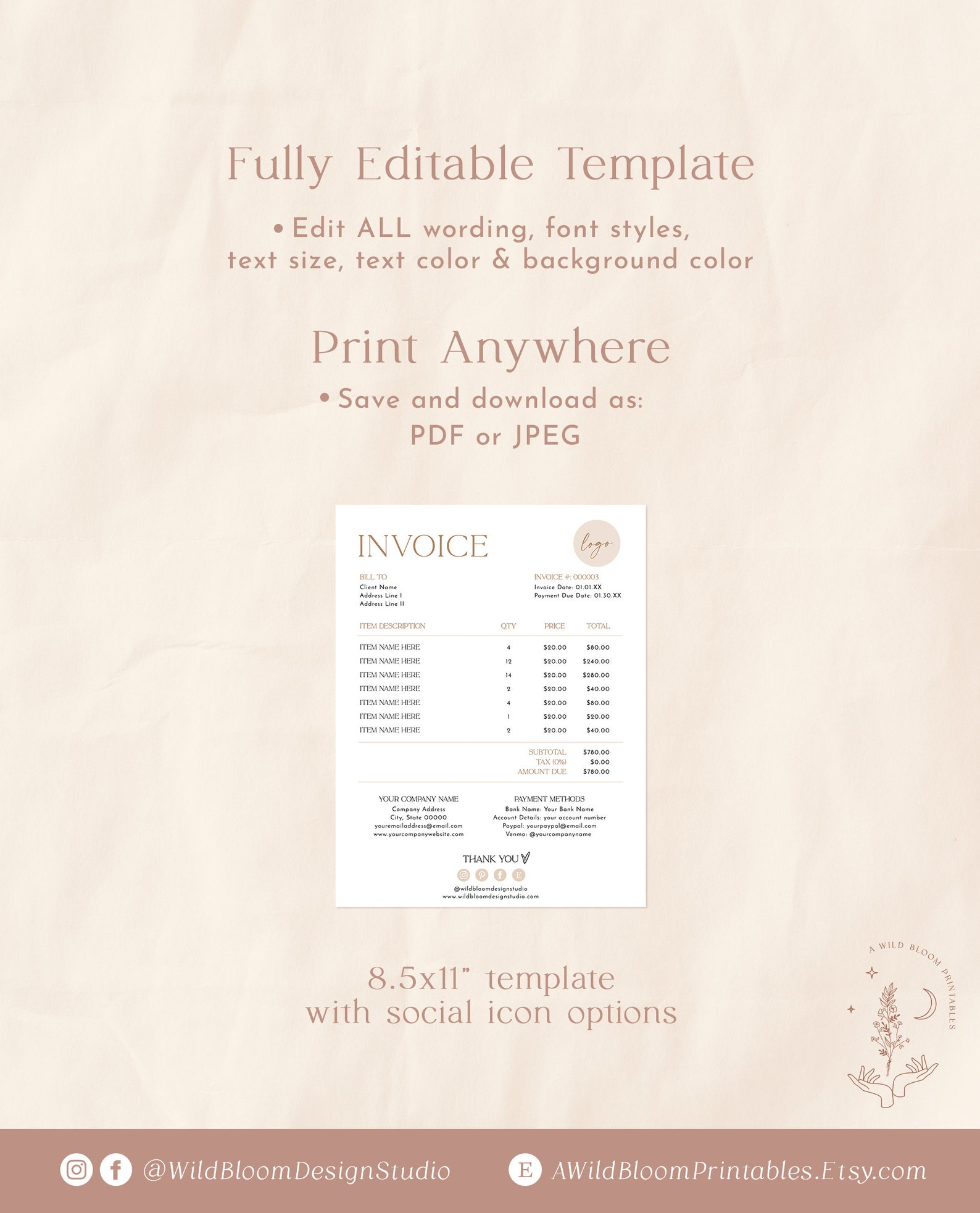 Minimalist Invoice Template, Boho Small Business, Modern Client Invoice ...