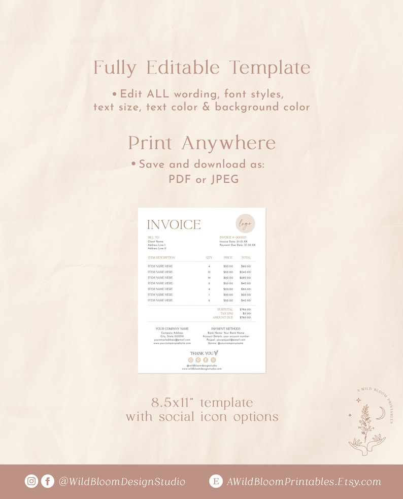 Minimalist Invoice Template, Boho Small Business, Modern Client Invoice ...