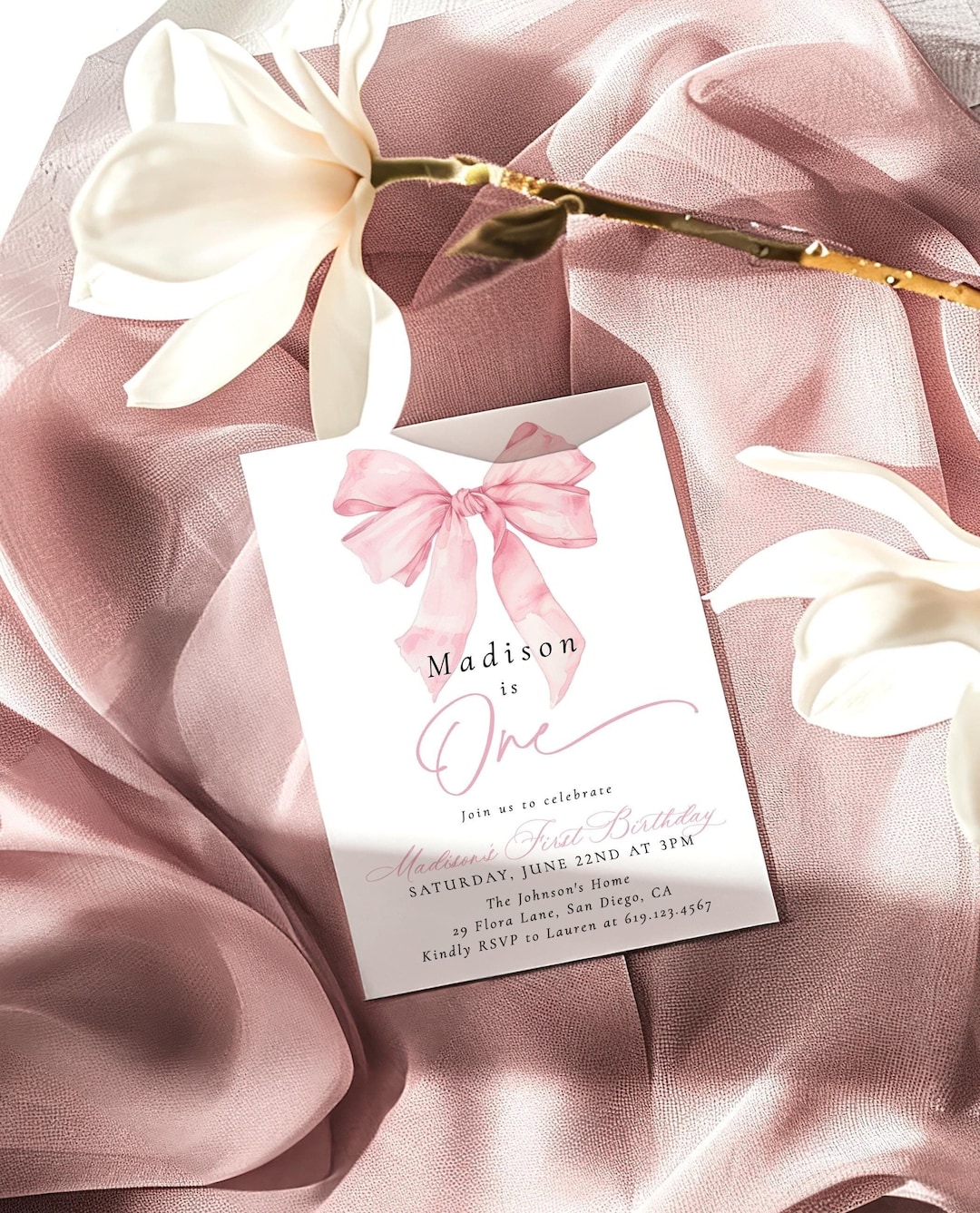 Pink Bow 1st Birthday Party Invitation, First Birthday Invitation, Girl ...
