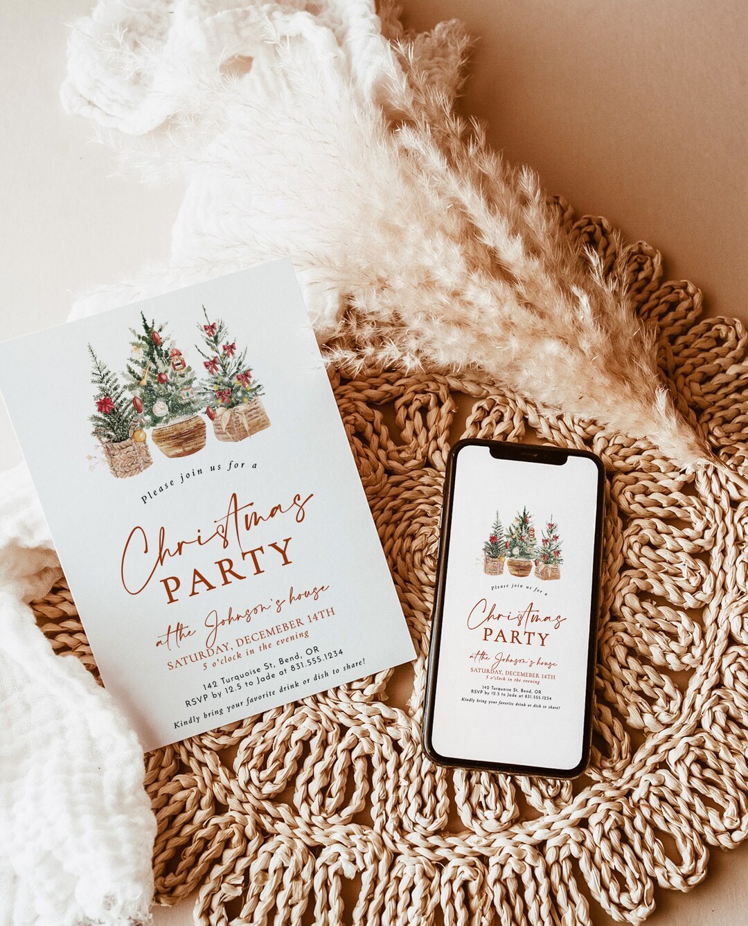 Christmas Party Invitation, Holiday Invite, Tree, Boho, Instant ...