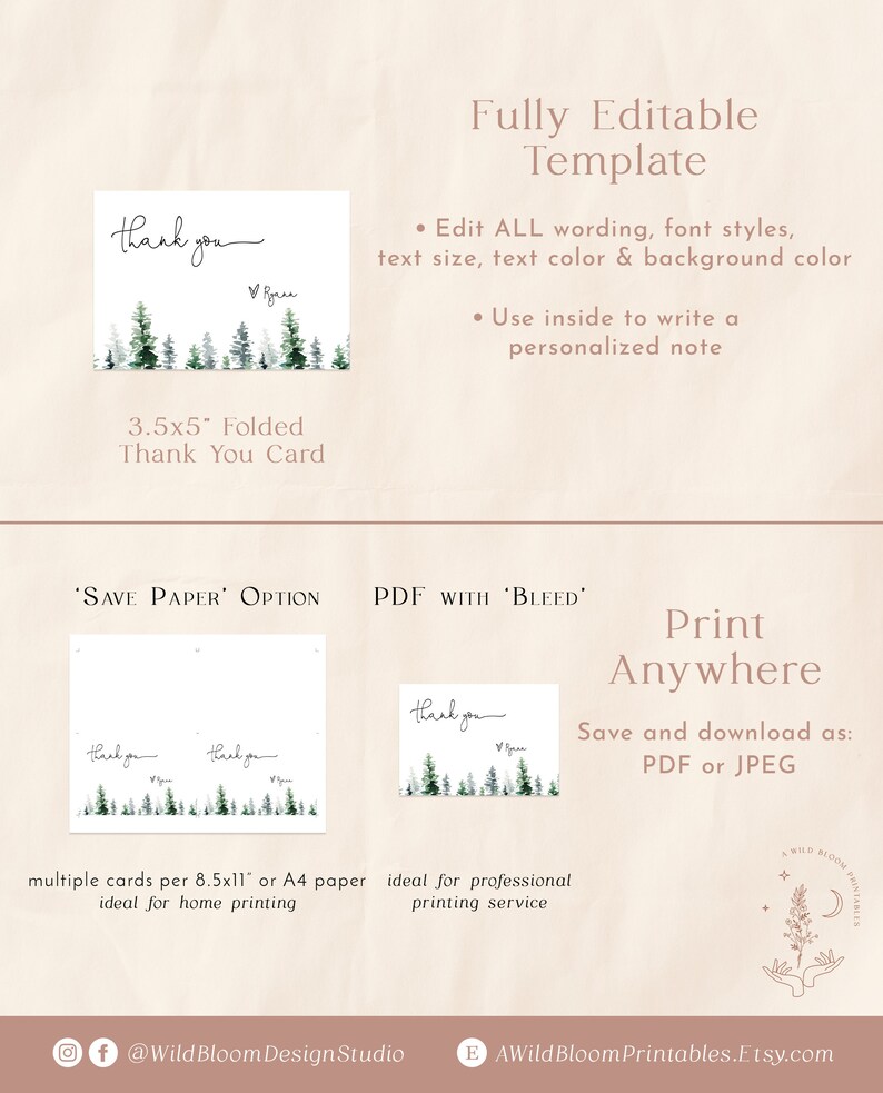 Winter Thank You Card Template Editable Thank You Cards - Etsy