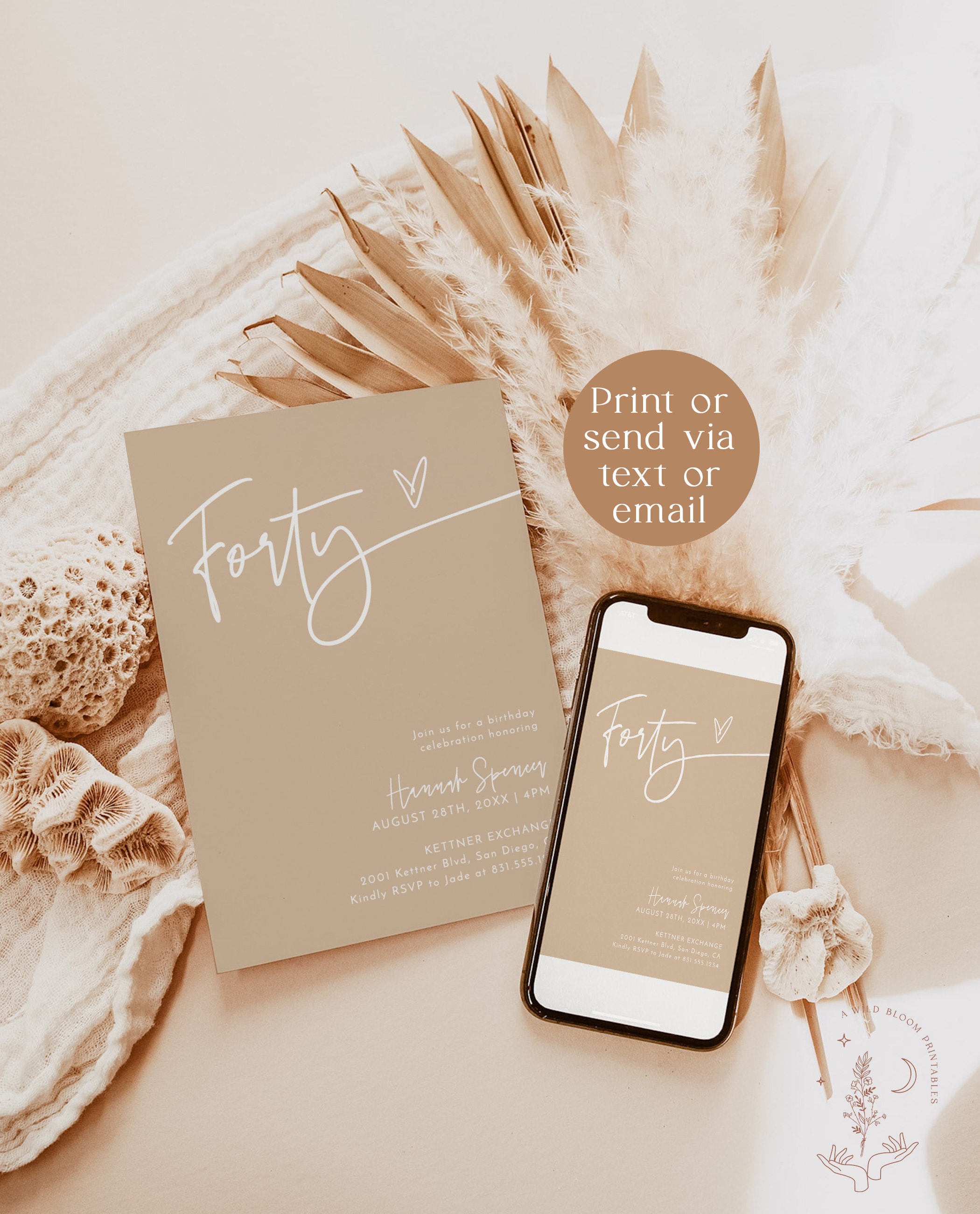 Modern Minimalist Birthday Invite, Boho Party, Adult, Instant Download ...