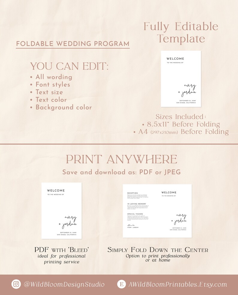 Minimalist Wedding Program Template Foldable Wedding Program - Etsy