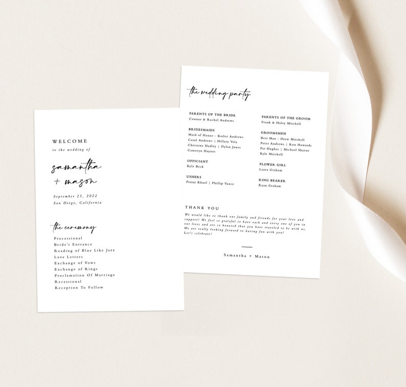 Minimalist Wedding Program Template Printable Order of | Etsy