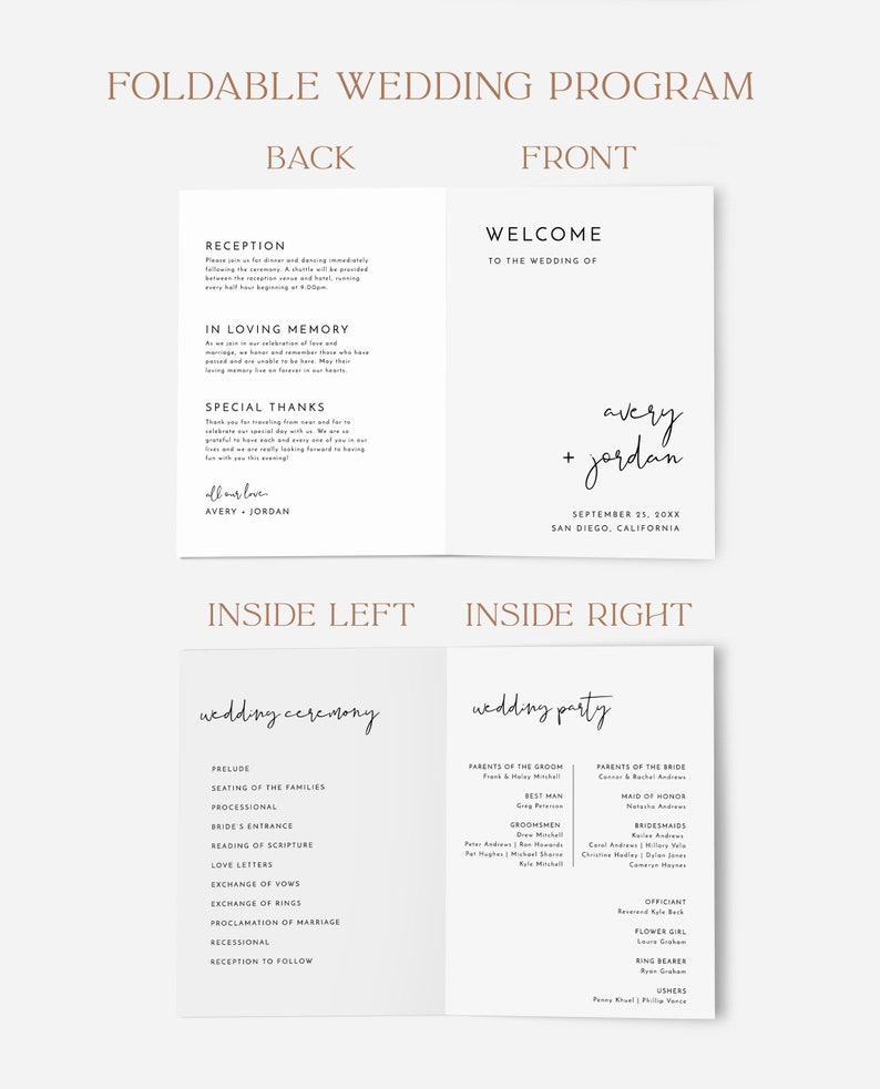 Minimalist Wedding Program Template Foldable Wedding Program - Etsy